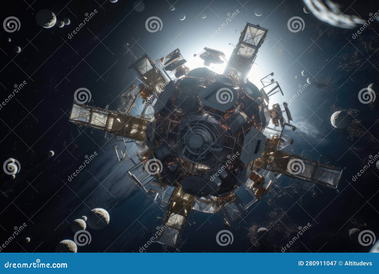 Satellite, Surrounded by Swarm of Smaller Spacecraft, in Futuristic ...