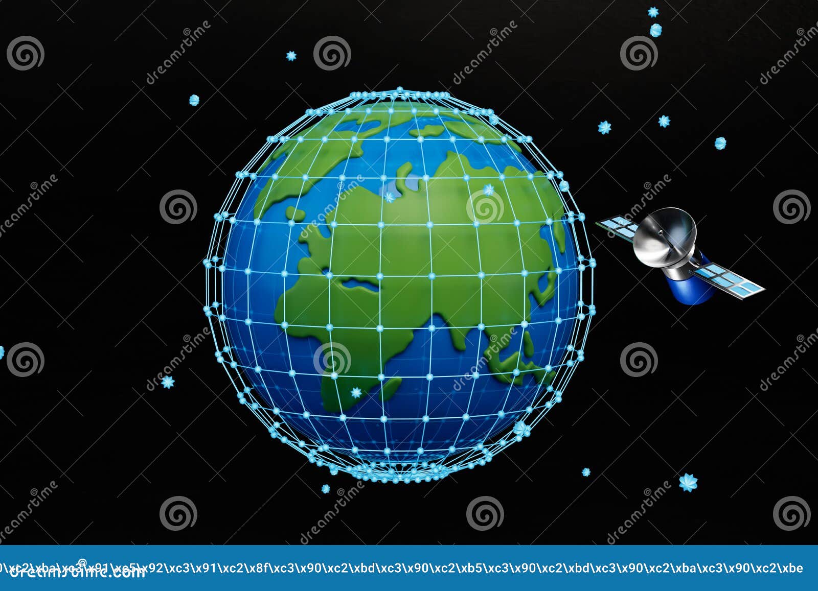 Satellite Transmitting the Wi-Fi Signal. Planet and Points of Reception ...