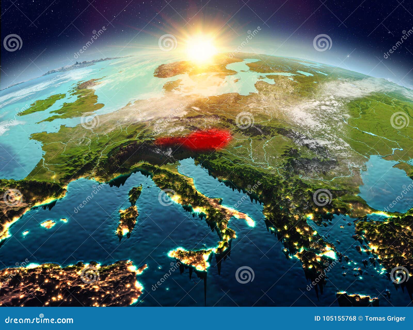 Austria from Space in Sunrise Stock Illustration - Illustration of ...