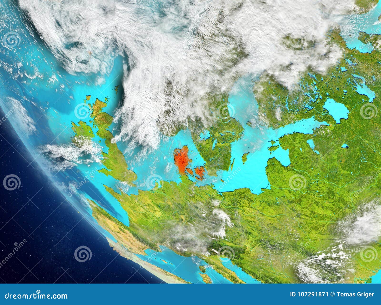 Satellite View of Denmark in Red Stock Image - Image of atmosphere ...