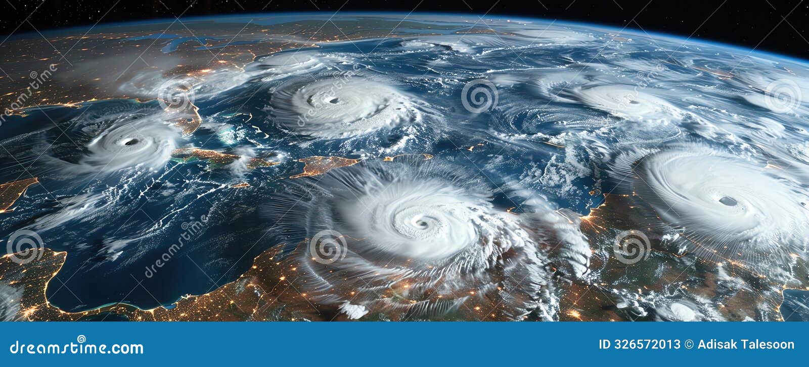Satellite View of Earth with Multiple Cyclones Swirling Over the Ocean ...