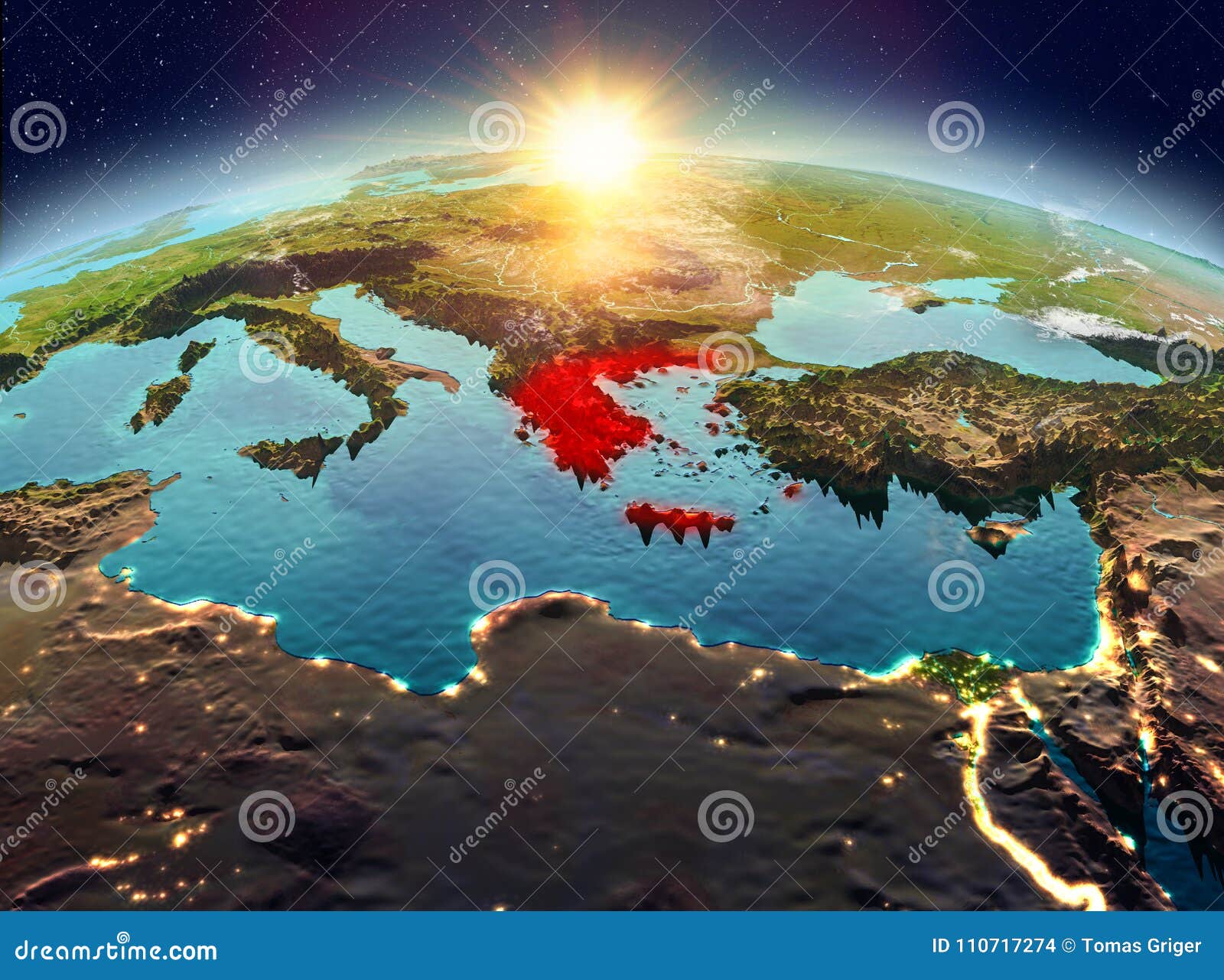 Greece from Space in Sunrise Stock Illustration - Illustration of ...