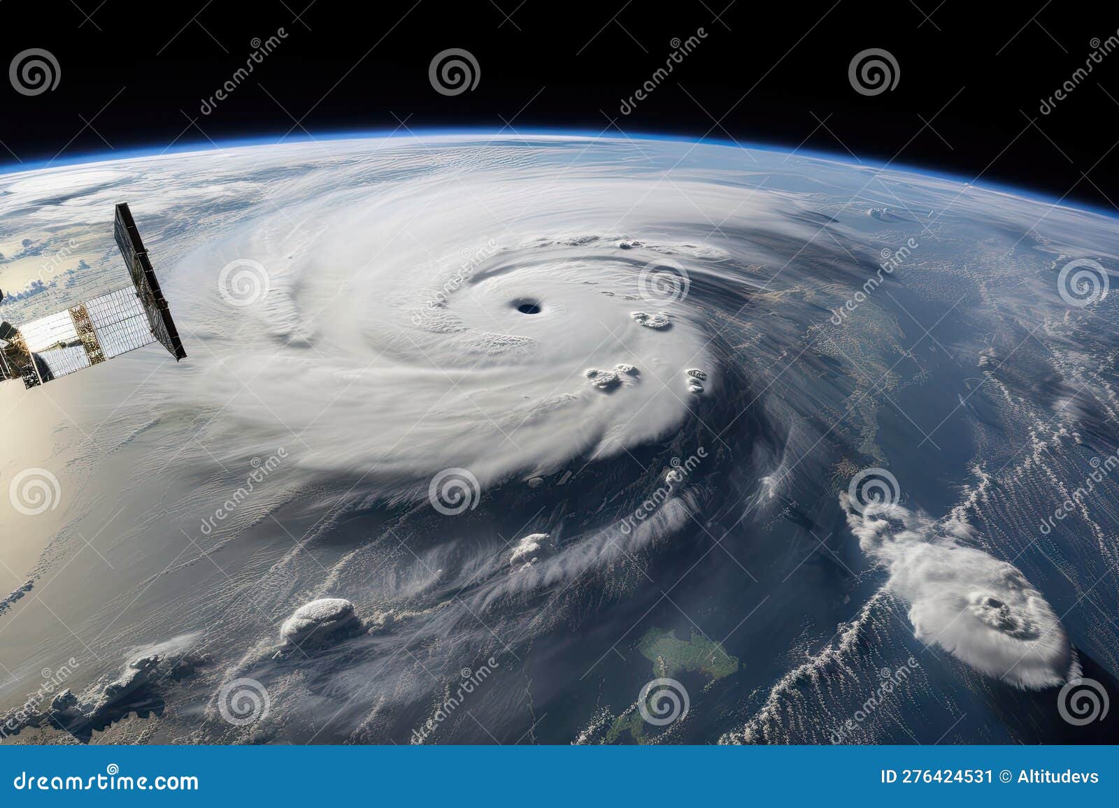Satellite View of Hurricane with Clouds Swirling and Lightning Flashing ...