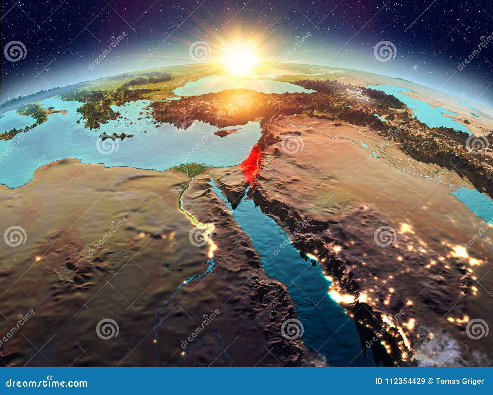 Israel from Space in Sunrise Stock Illustration - Illustration of dawn ...