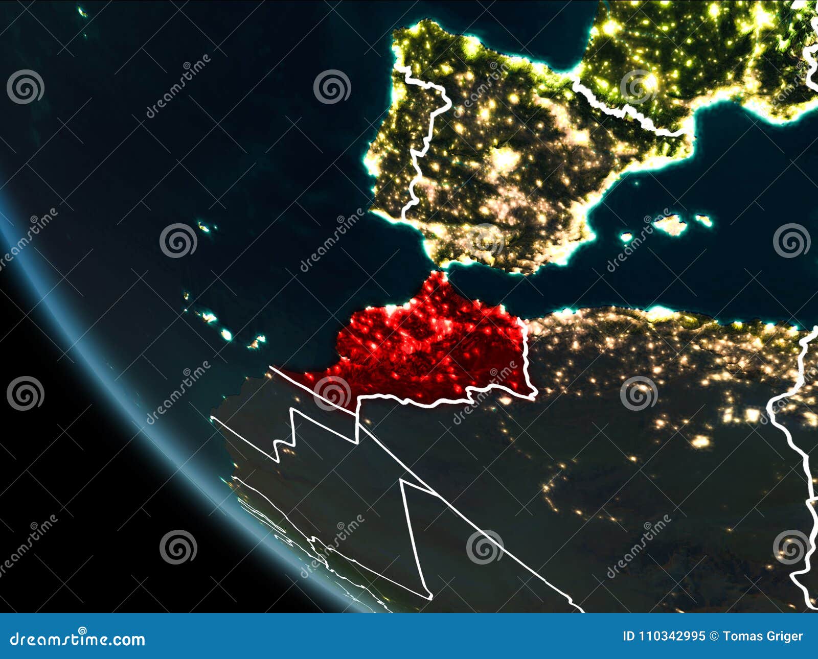 Satellite View of Morocco at Night Stock Illustration - Illustration of ...