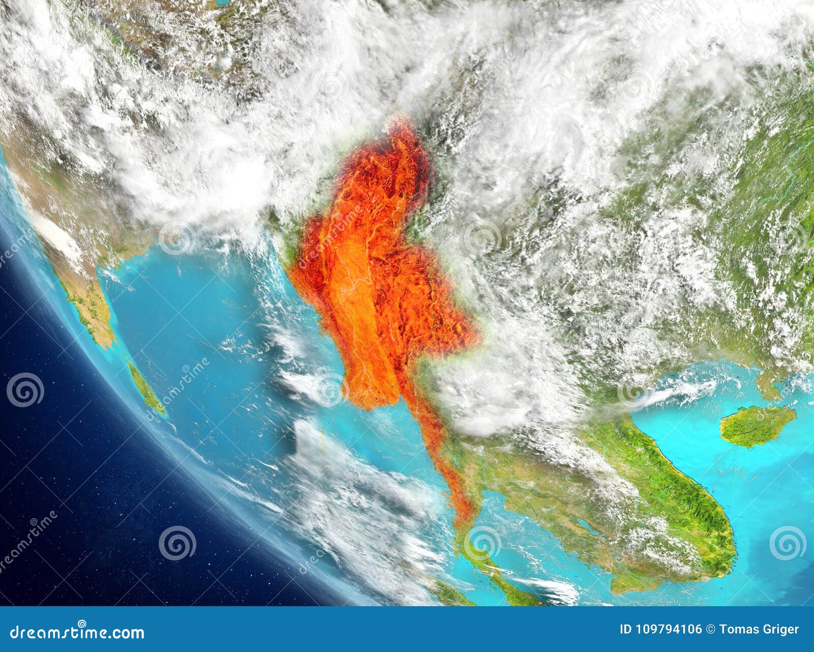 Satellite View of Myanmar in Red Stock Illustration - Illustration of ...