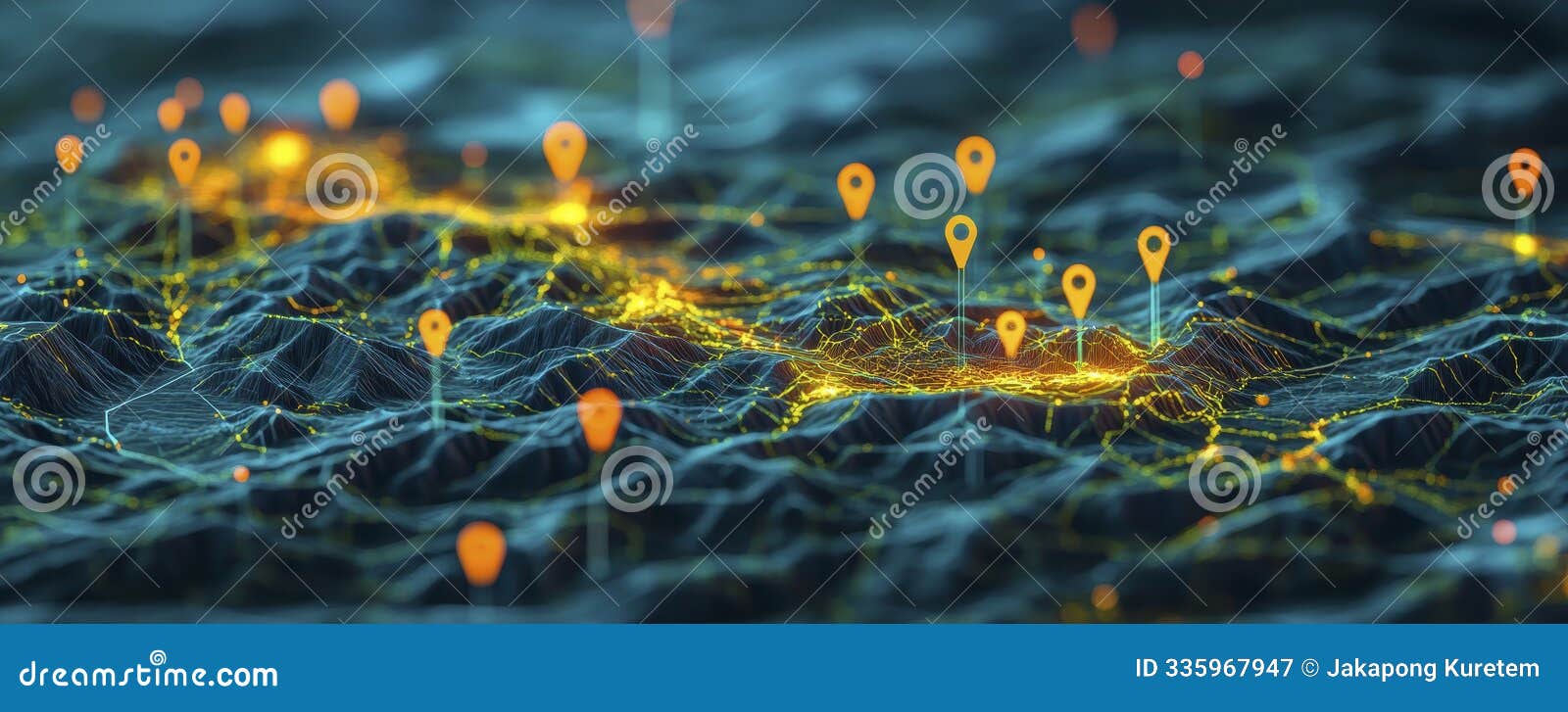 Satellite View of Rural Landscape with Digital Map and Location Pins ...