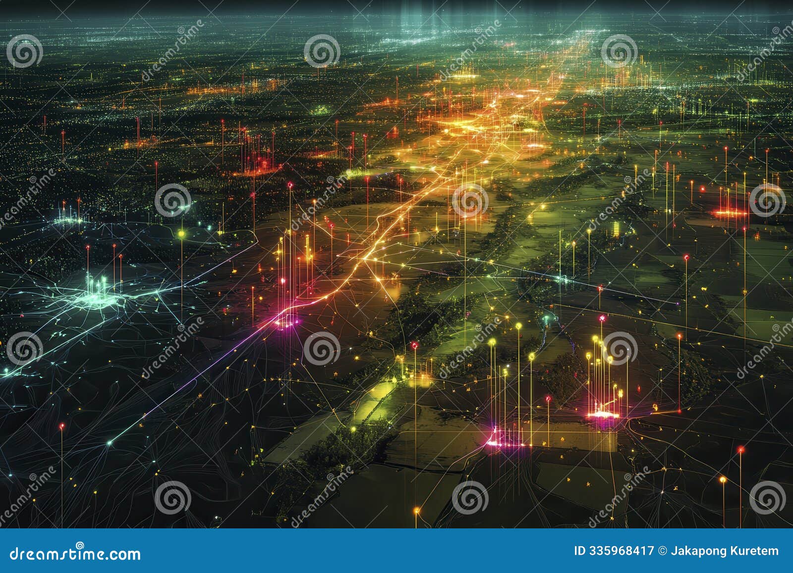 Satellite View of Rural Landscape with Digital Map and Location Pins ...