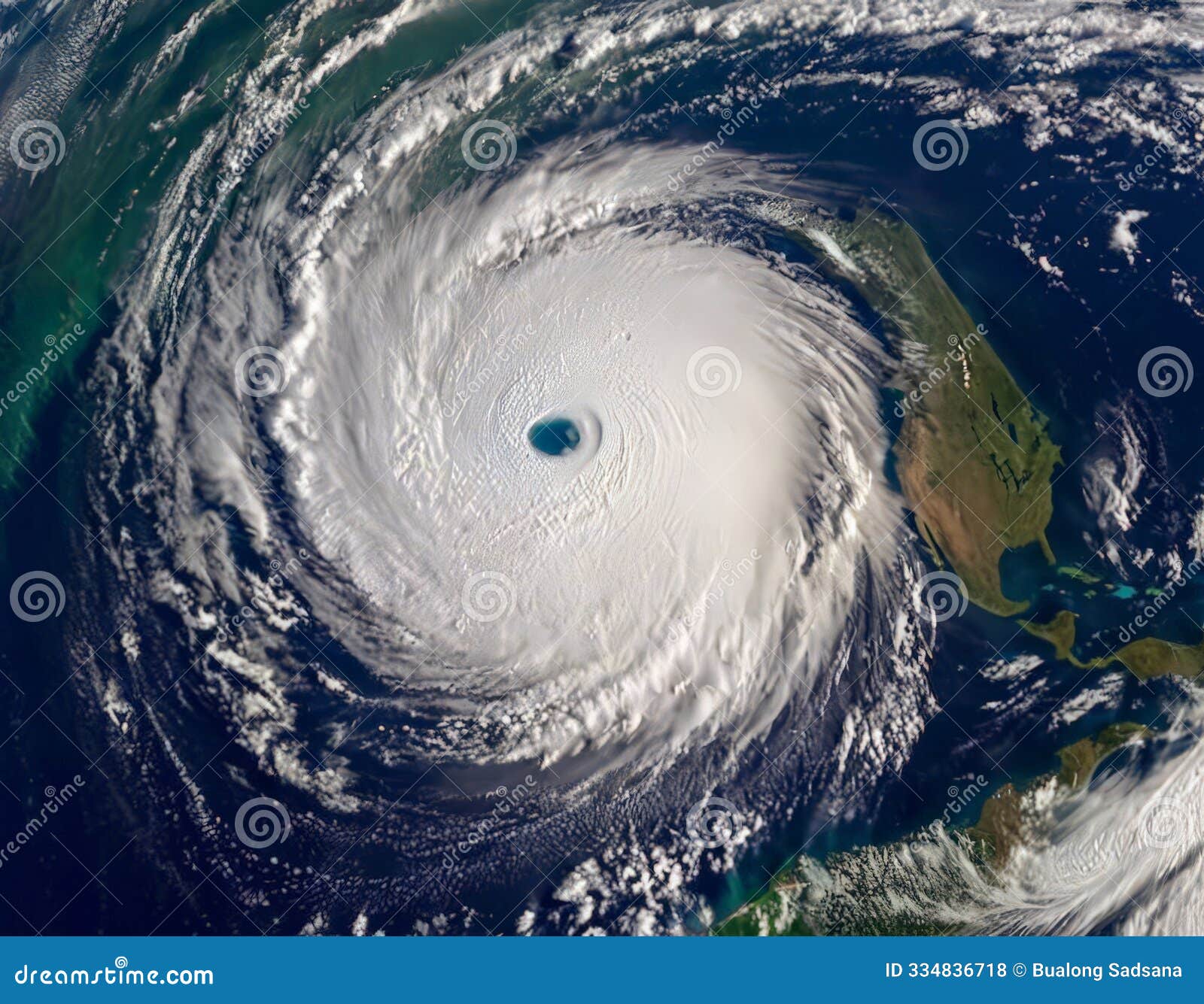Satellite View Tropical Cyclone, with Large Blue Eye in the Center and ...