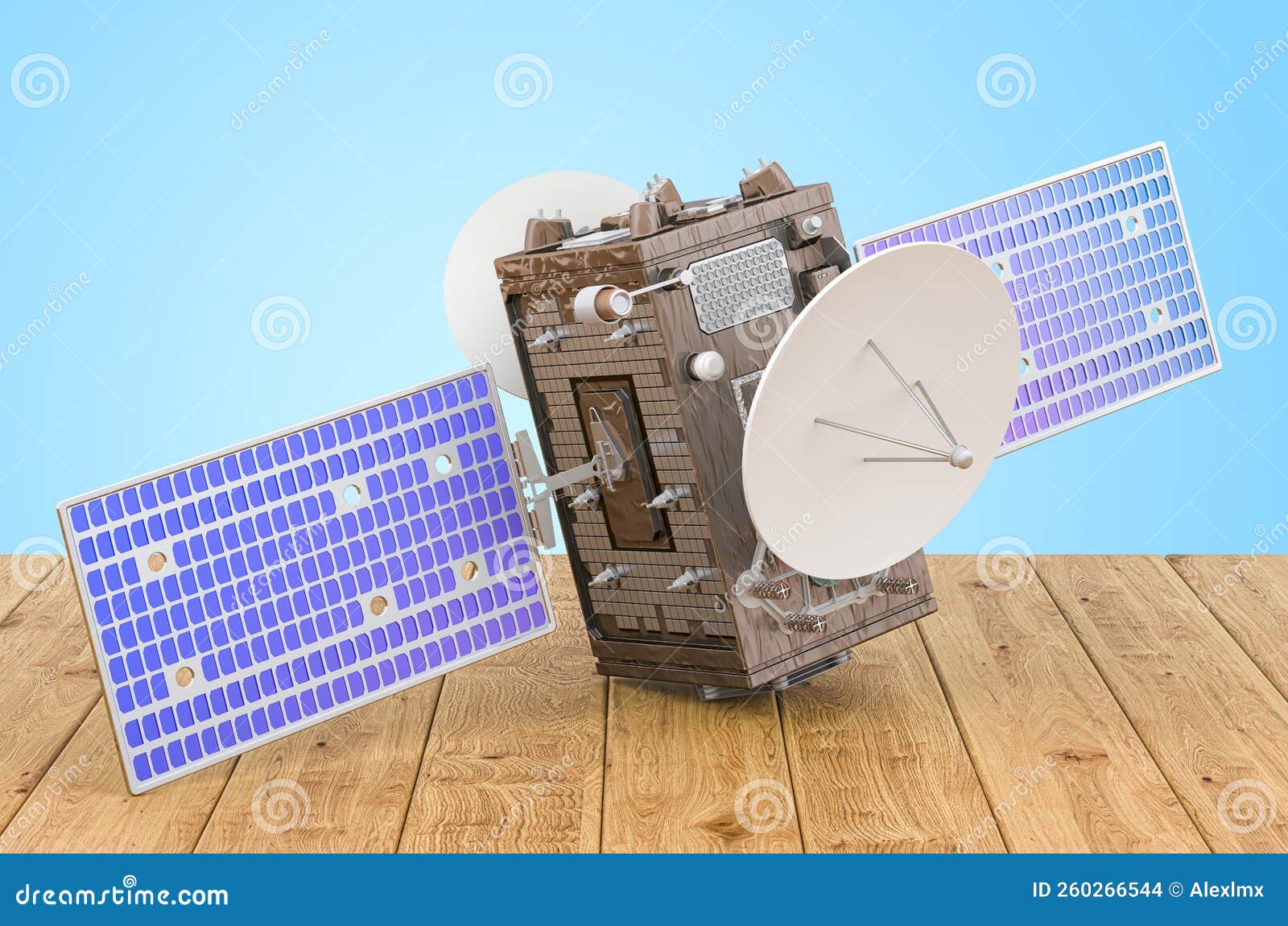 Satellite on the Wooden Table, 3D Rendering Stock Illustration ...