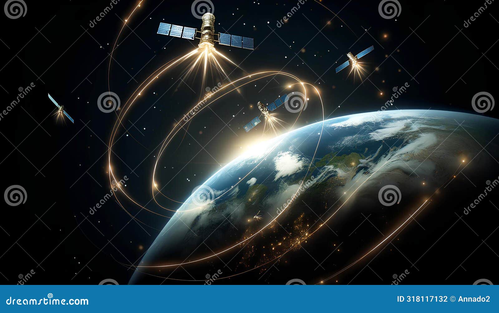 Satellites Flying Around the Earth from Afar, with Glowing Satellite ...