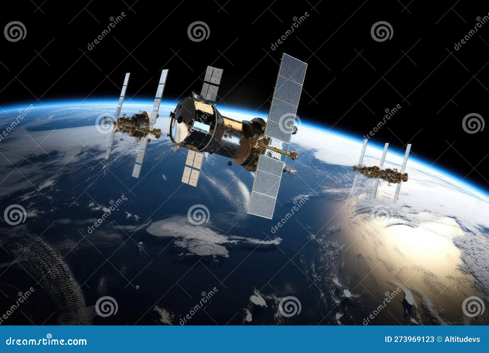 Satellites in Orbit, with View of the Earth and Its Atmosphere Visible ...