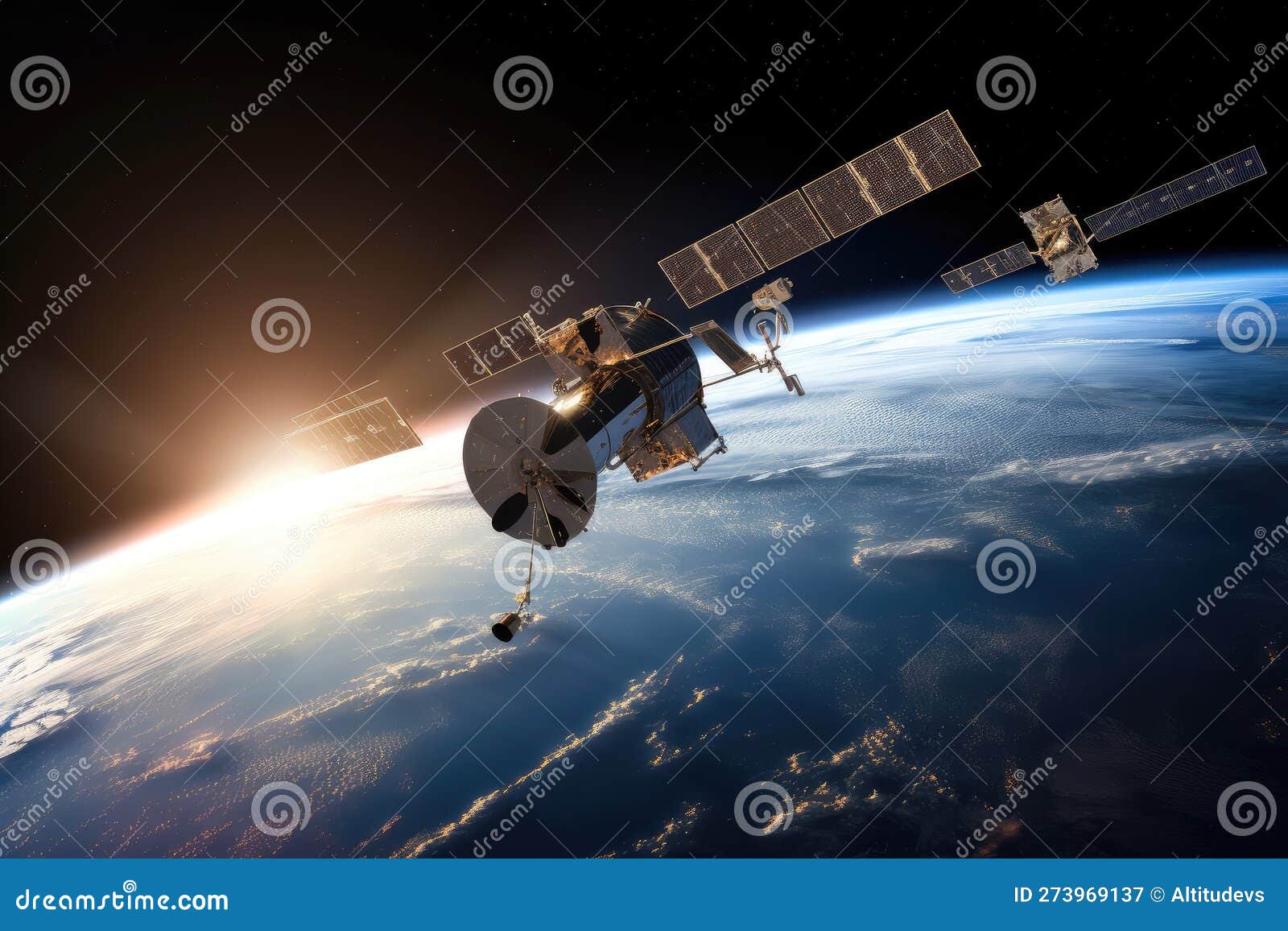 Satellites in Orbit, with View of the Earth and Its Atmosphere Visible ...