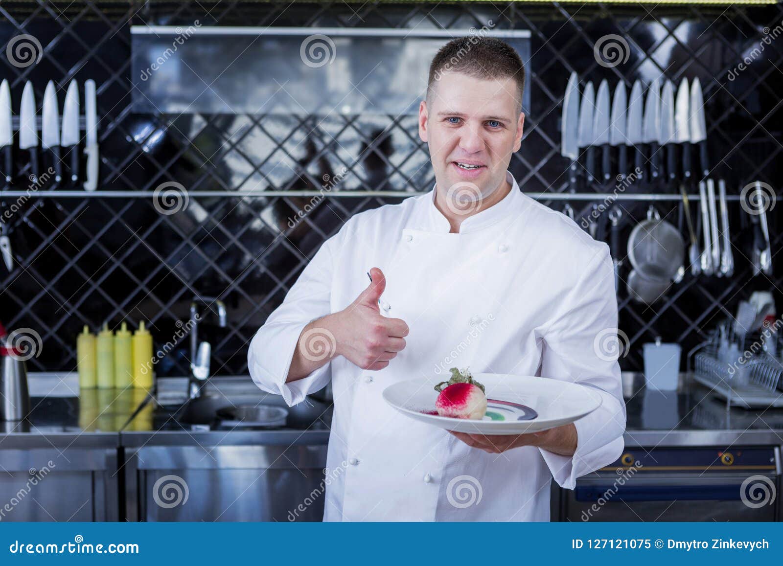 Satisfied Cook Introducing a New Dish To Others Stock Image - Image of ...
