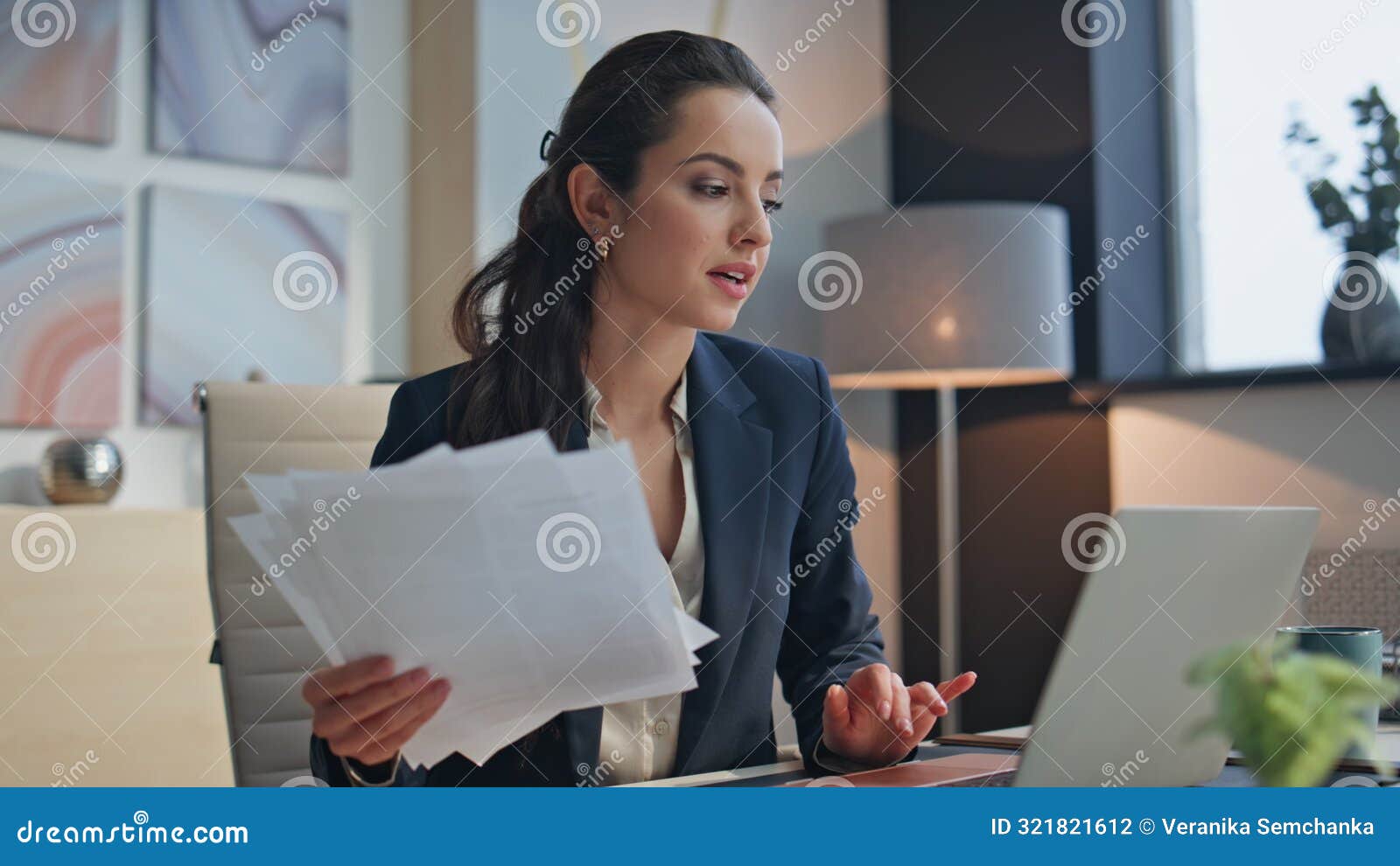 Satisfied Employee Reading Report Working Computer at Light Workspace ...