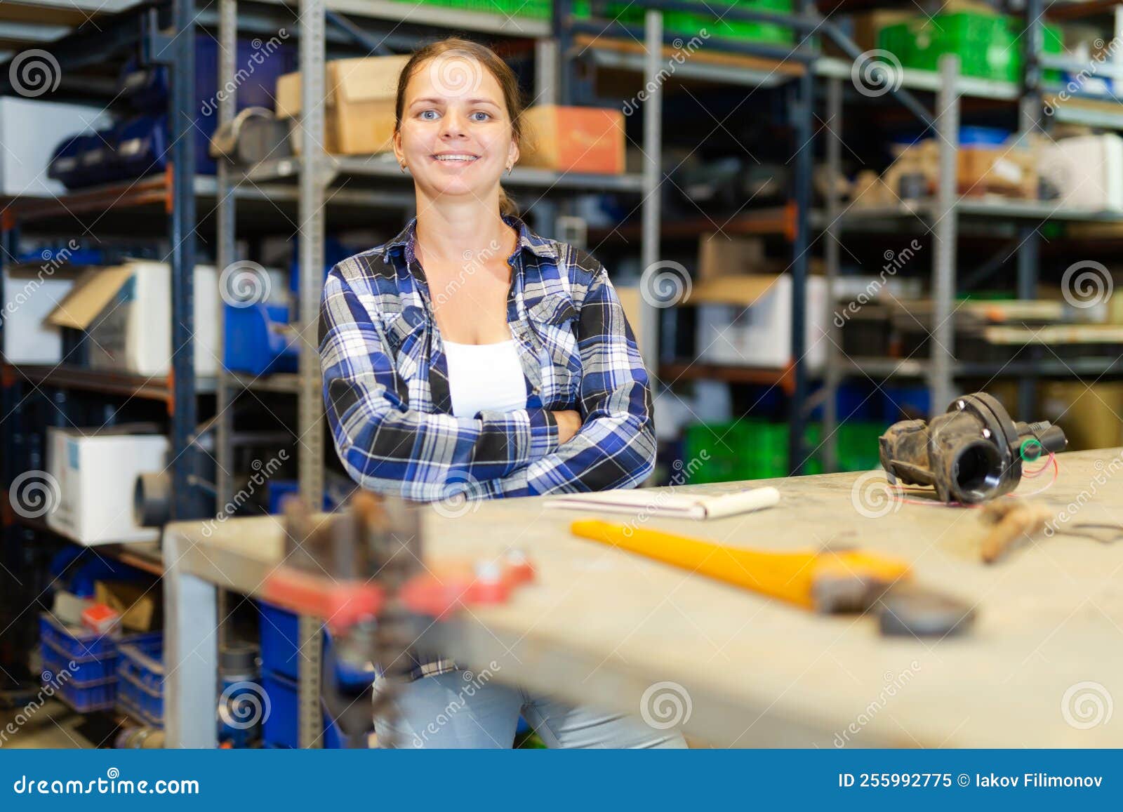 Satisfied Female Employee of Hardware Store Posing in Warehouse Stock ...