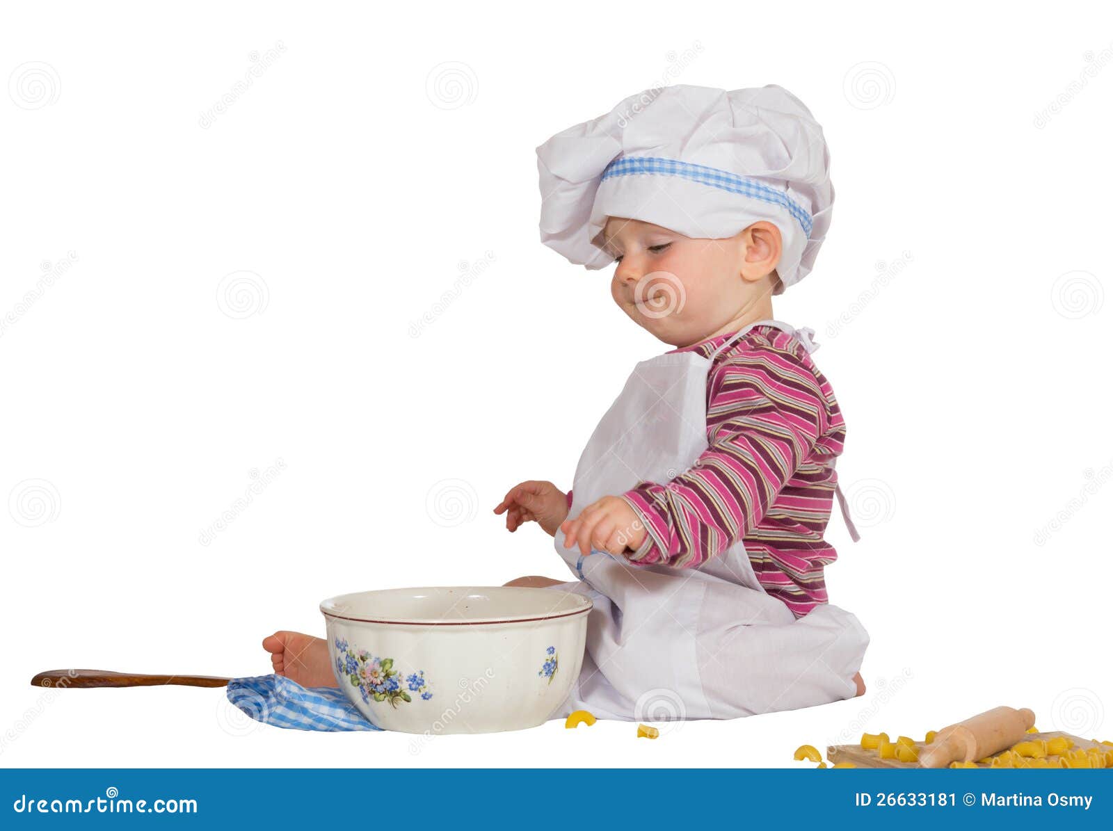 Satisfied Little Baby Chef Looking at Mixing Bowl Stock Image - Image ...