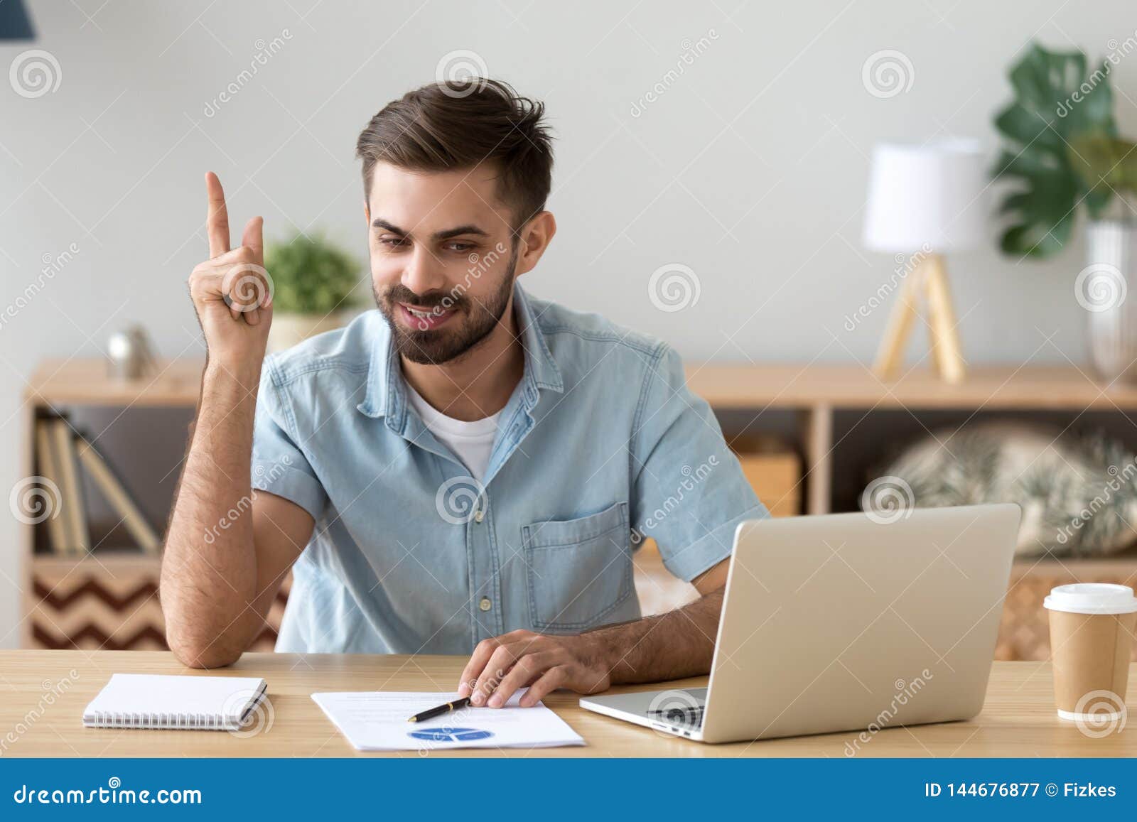Satisfied Man with Raised Hand Thinking about Good Creative Idea Stock ...
