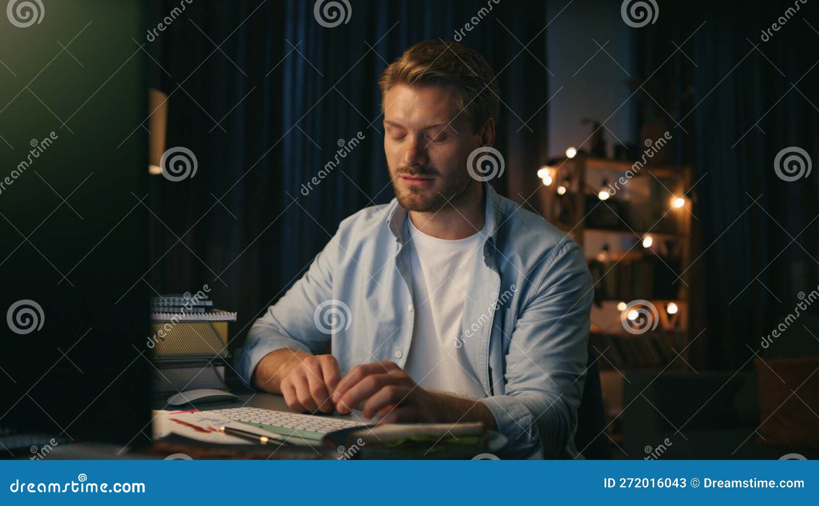 Satisfied Man Texting Pc Closeup. Remote Work Professional Using ...