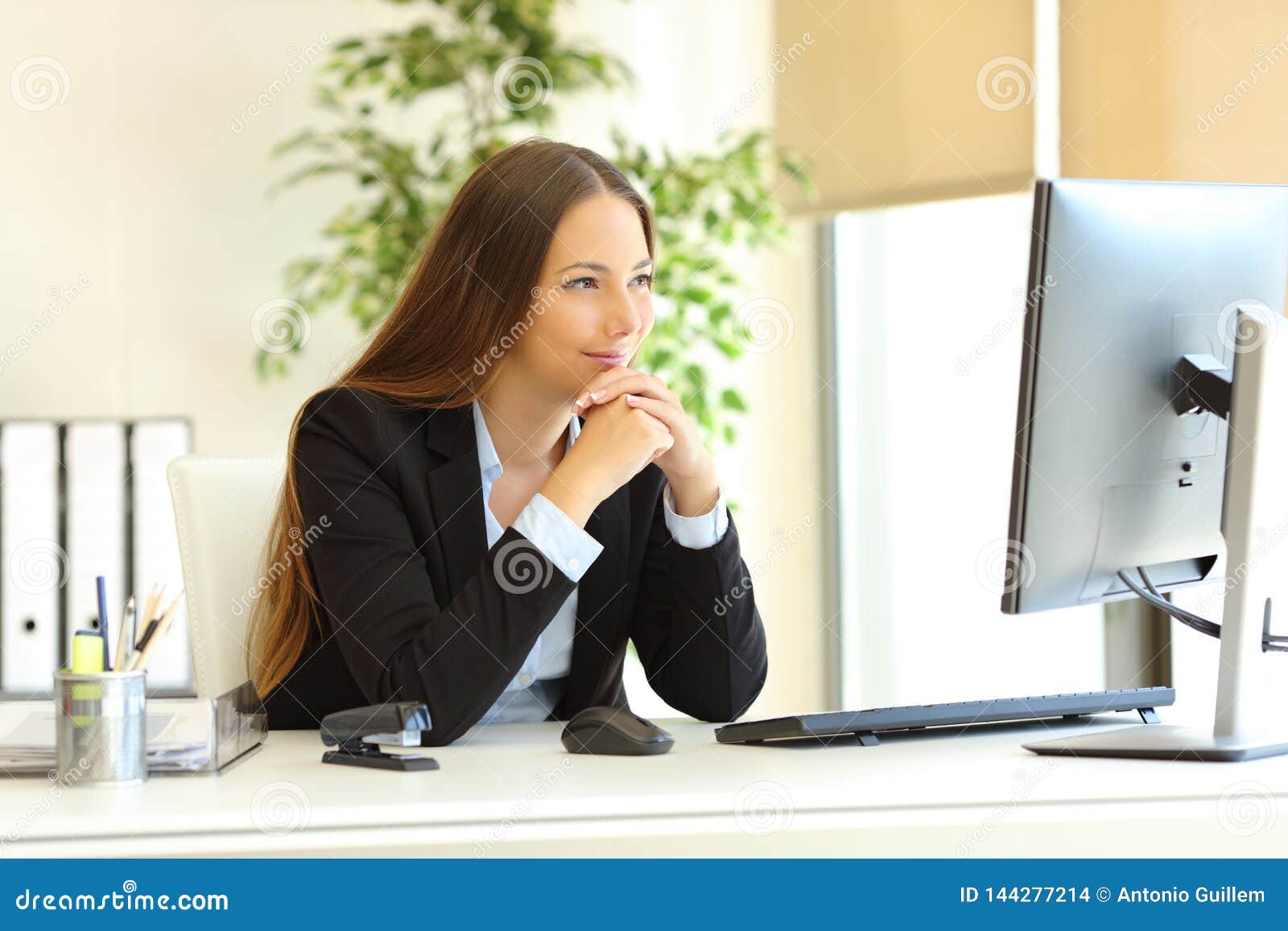 Satisfied Office Worker Watching Computer Content Stock Photo - Image ...
