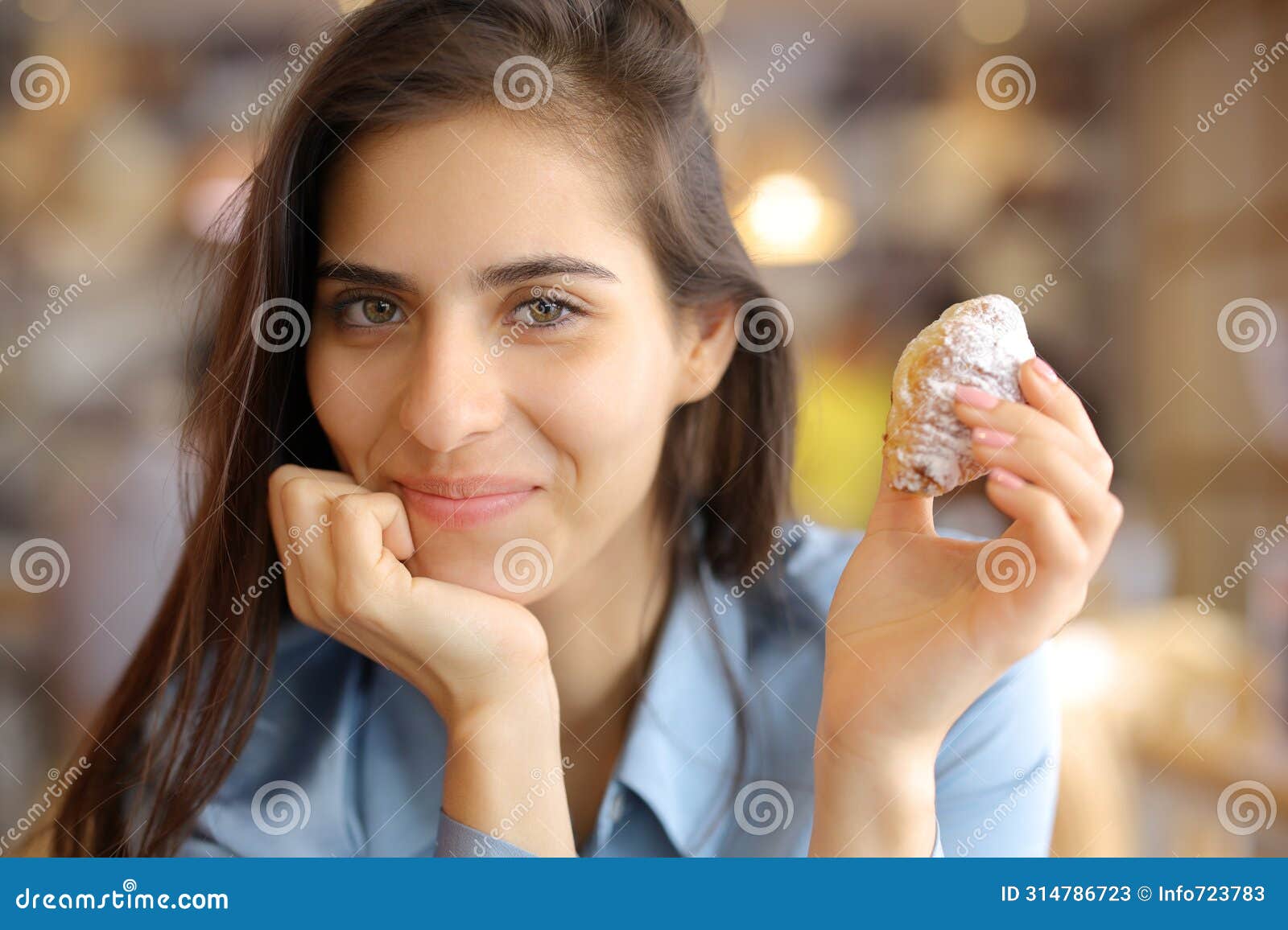Satisfied Restaurant Customer Holding Bakery Looking at You Stock Image ...