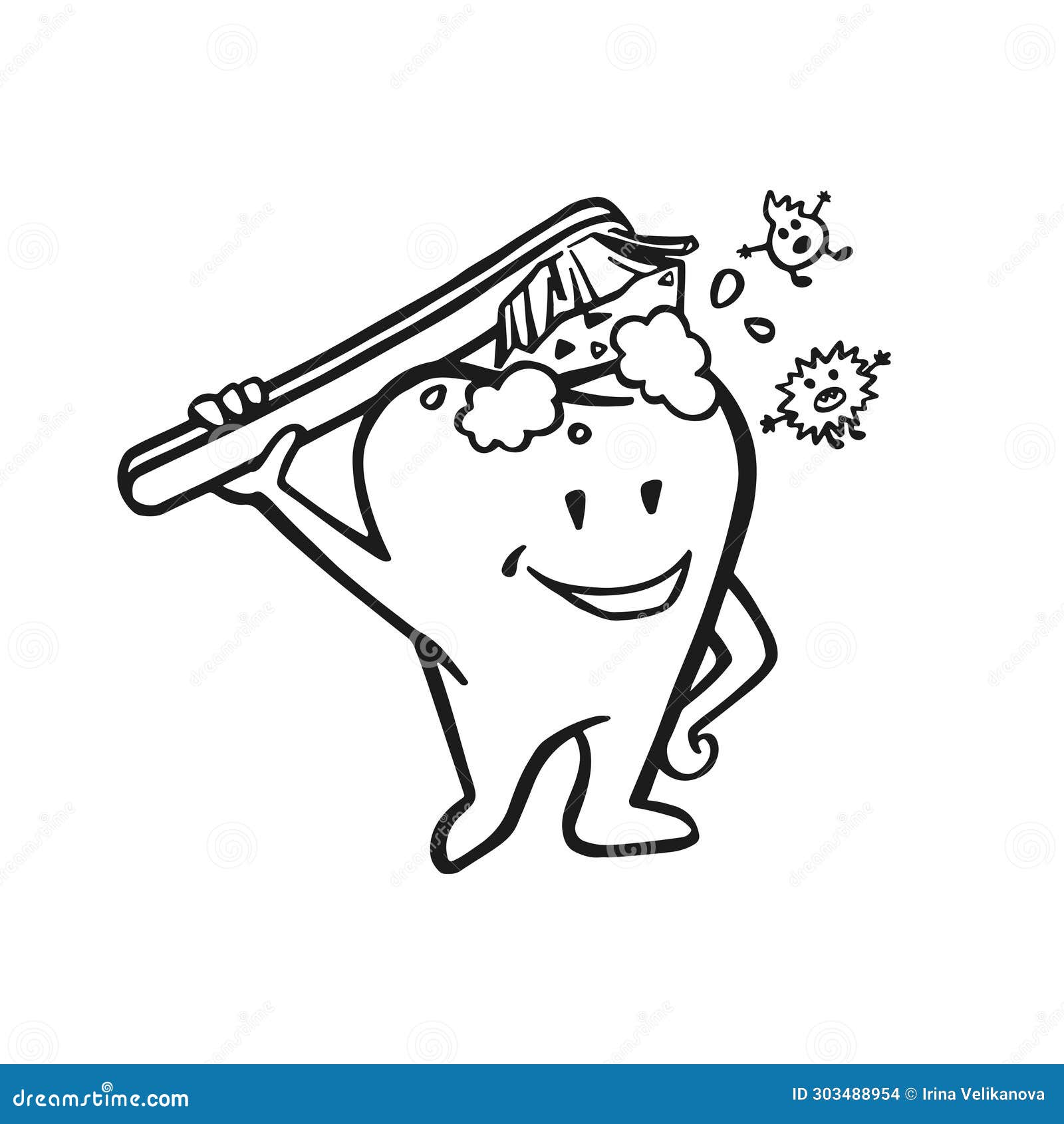 Satisfied Tooth Character Brushing Himself, Oral Hygiene, Outline ...