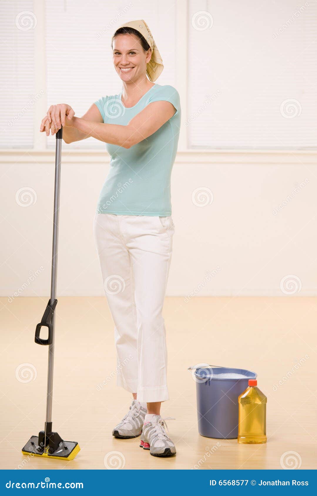 Satisfied Woman Posing with Mop and Floor Cleaner Stock Image - Image ...