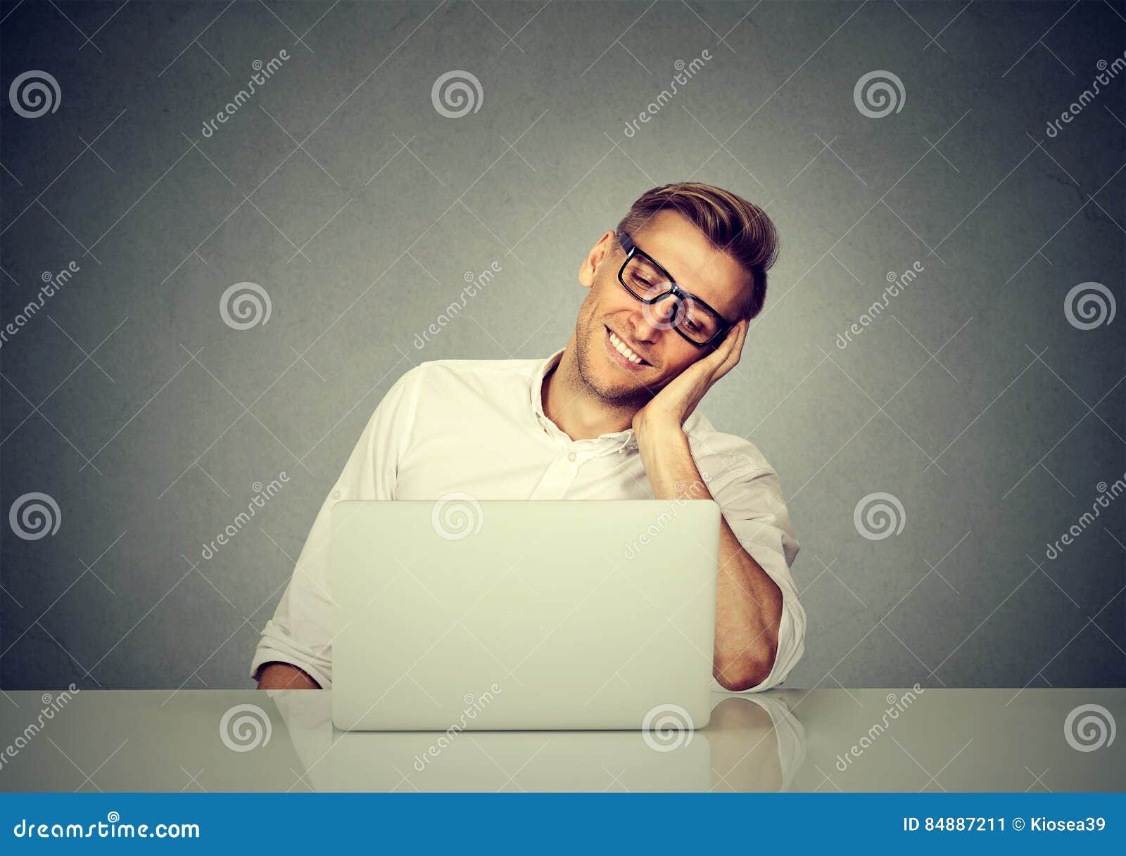 Satisfied with Work Done Man Sitting in Front of Laptop Computer Stock ...