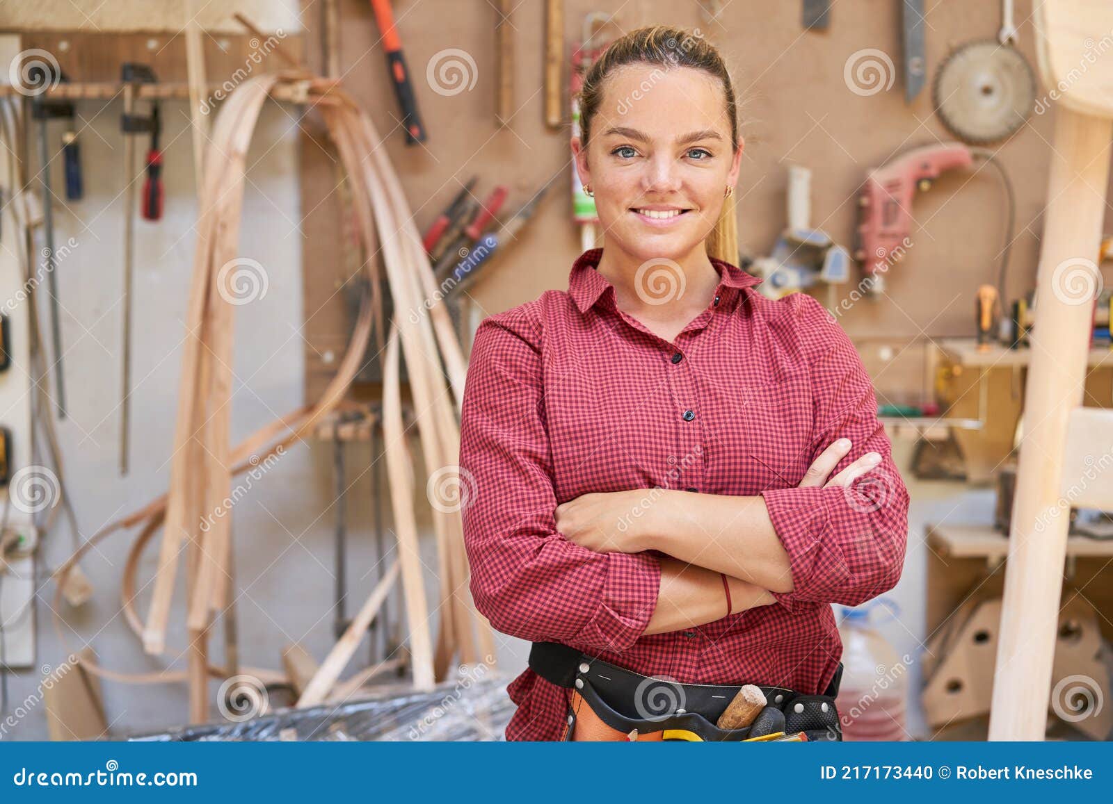 Satisfied Young Woman As a Carpenter Apprentice Stock Photo - Image of ...