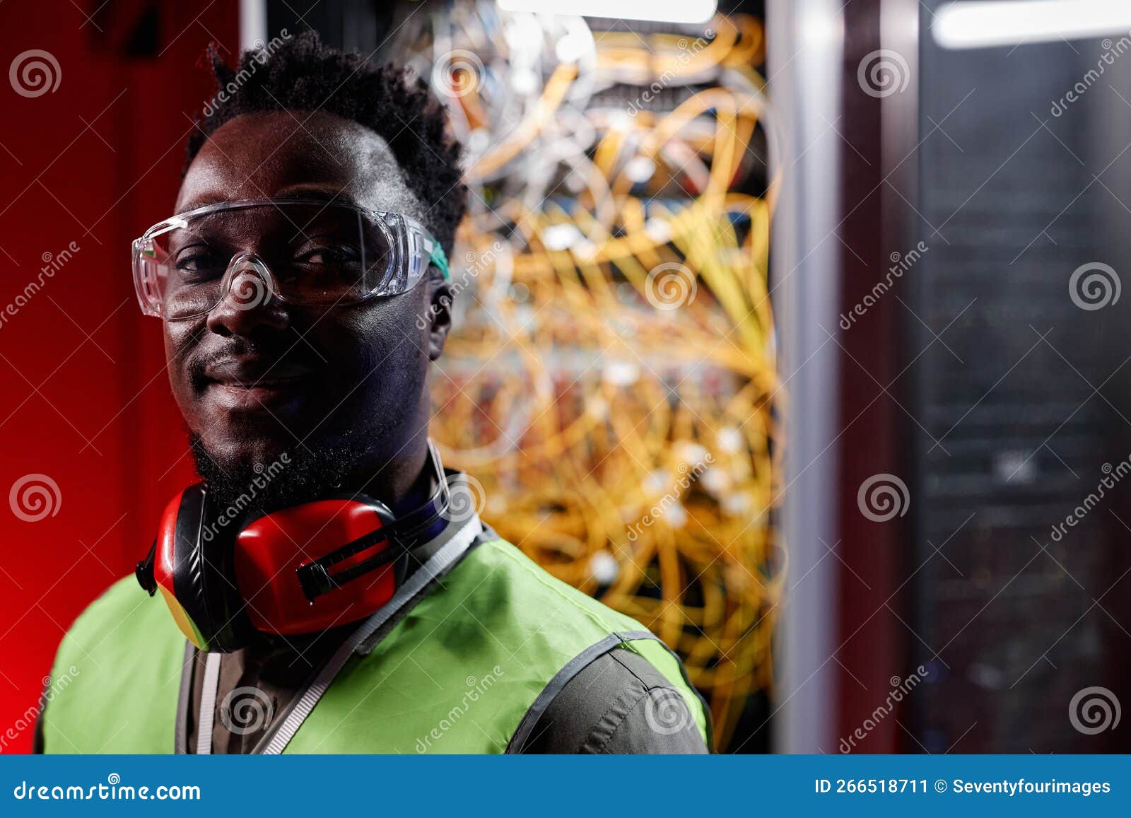 Saturated Network Technician Looking at Camera in Server Room Stock ...
