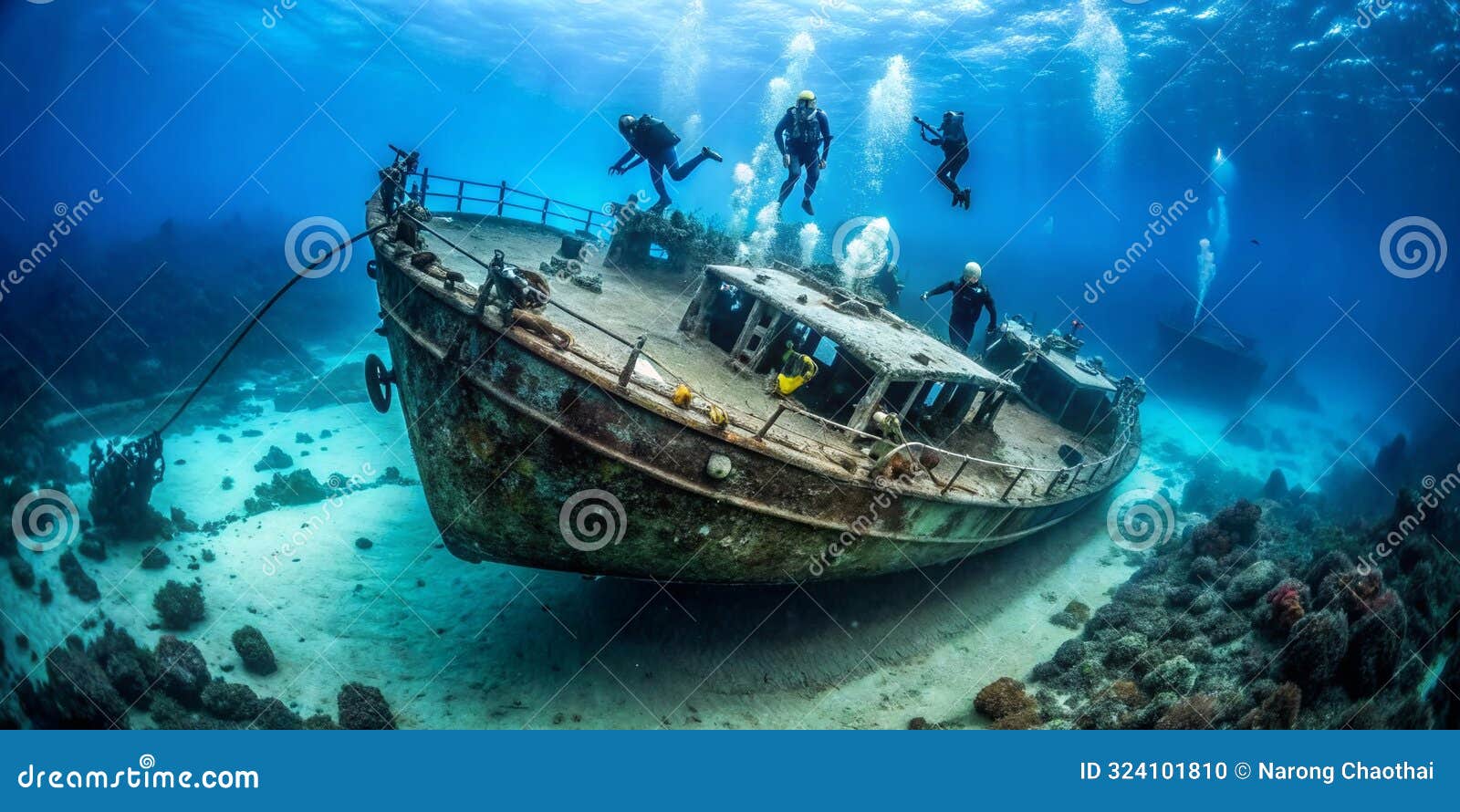 Saturation Divers Exploring Sunken Shipwreck in Deep Ocean during ...