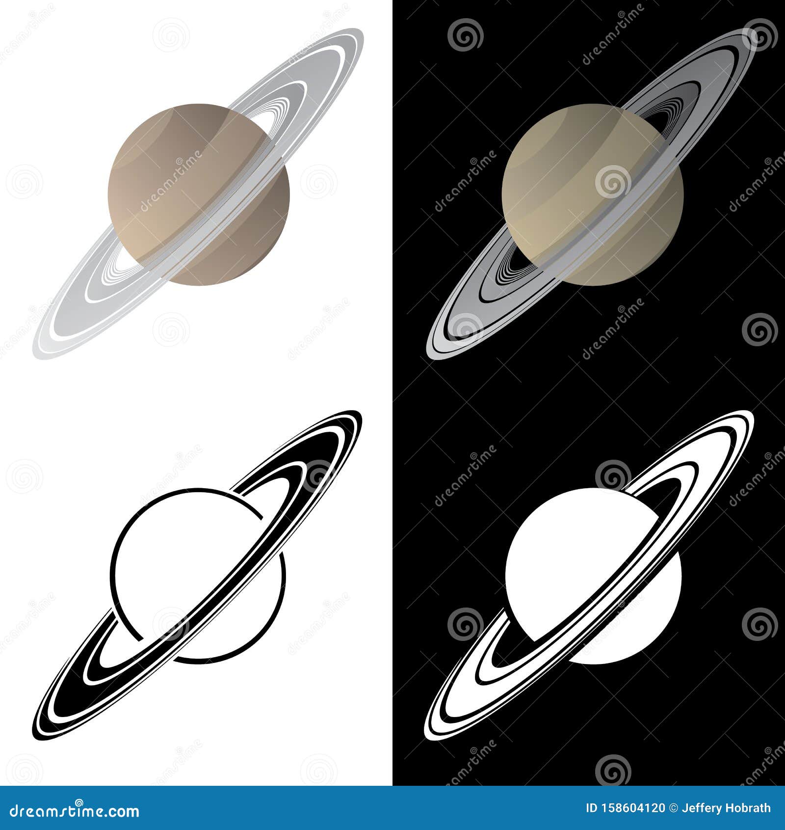 Saturn Isolated Vector Illustration in Full Color, Black Line Art, and ...
