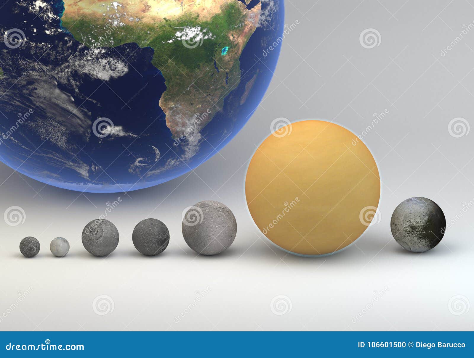 Saturn Moons in Size and Earth Comparison Stock Illustration ...