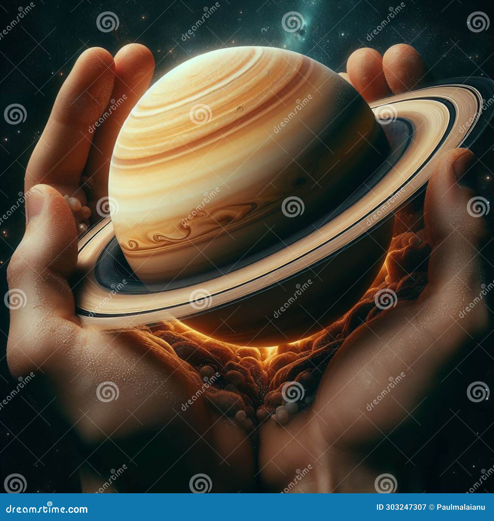 Saturn Planet Held in the Hand by People. Universe Creation Concept ...