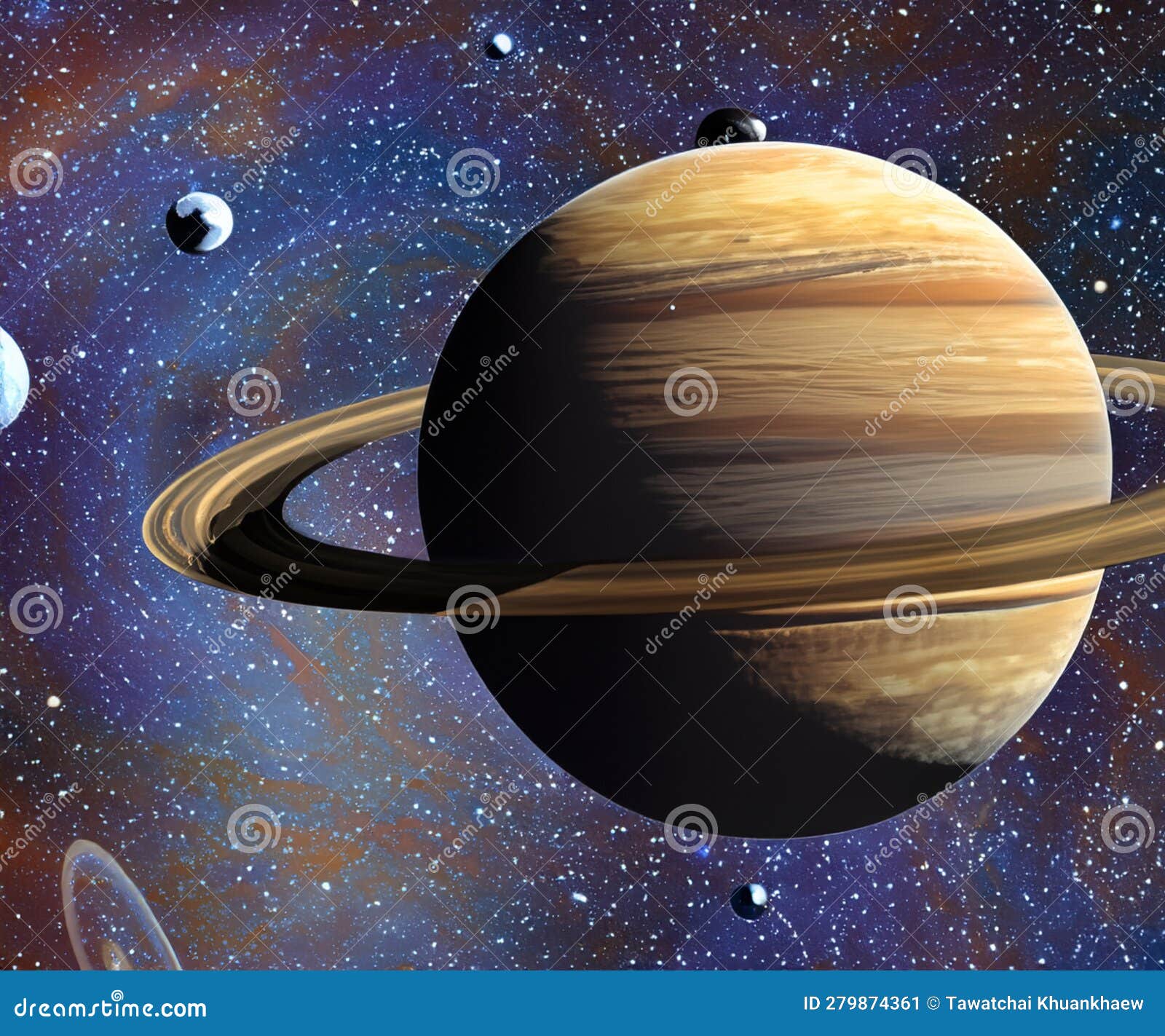 Saturn Planets in Deep Space with Rings and Moons Surrounded ...