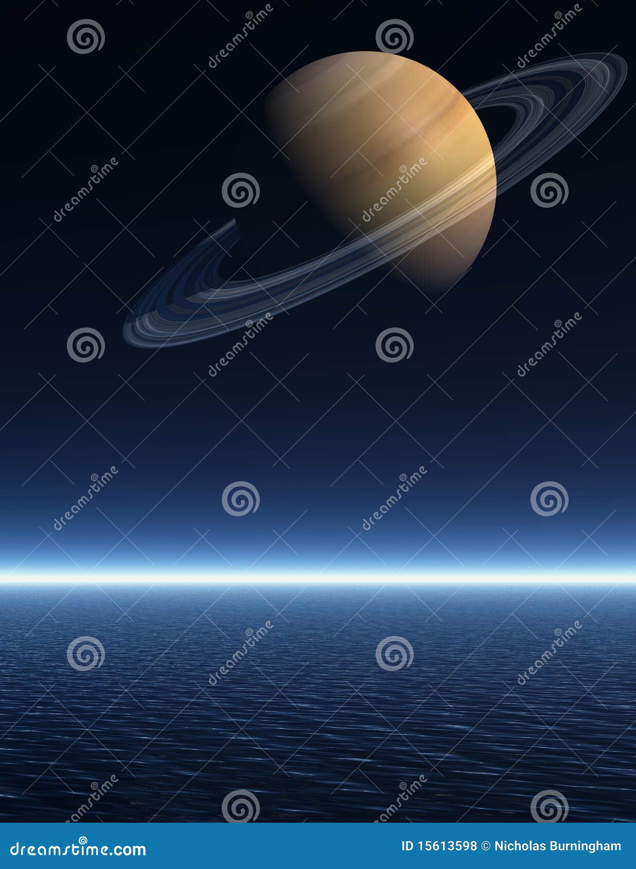 Saturn Rising Over a Night Time Sea Stock Illustration - Illustration ...