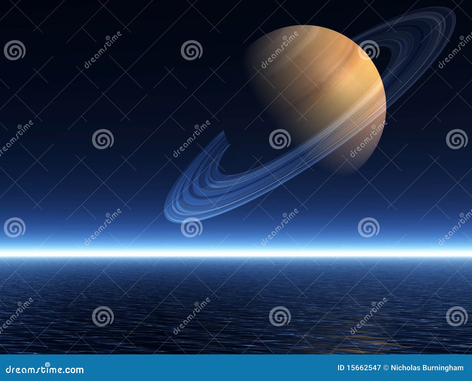 Saturn Rising Over Ocean - Landscape Mode Stock Illustration ...