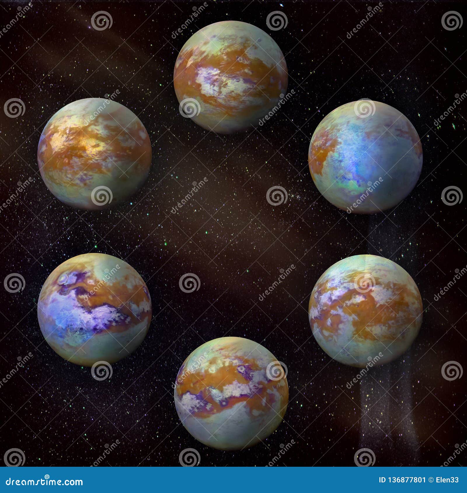 Saturn`s Moon Titan, Set of Six at the Galaxy Stars Background Stock ...