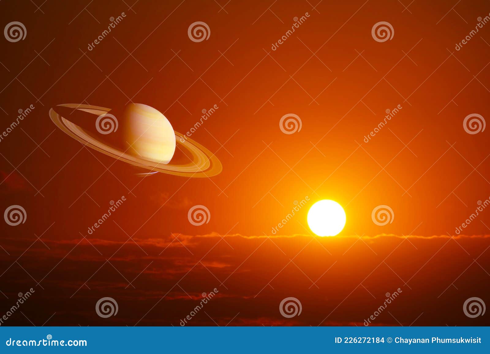 Saturn and the Sun View on Planet Sunset on Skyline Stock Photo - Image ...