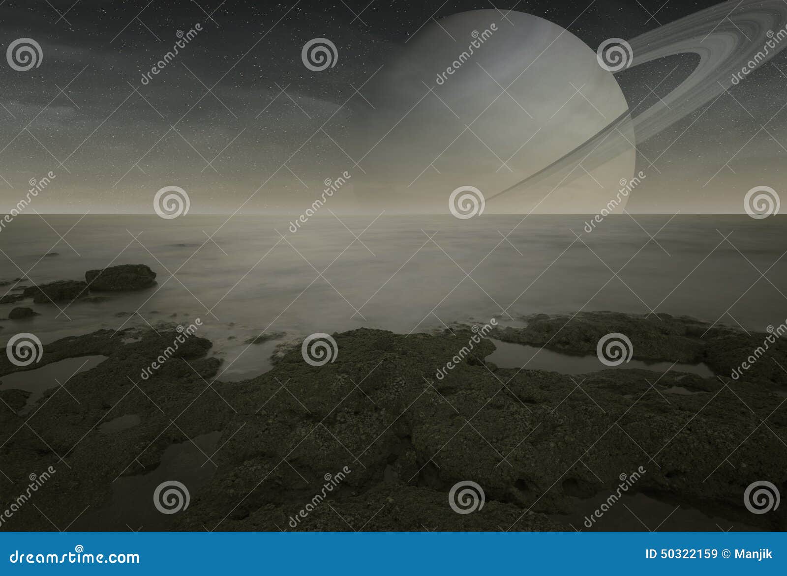 Saturn View from Titan Moon Stock Illustration - Illustration of futur ...