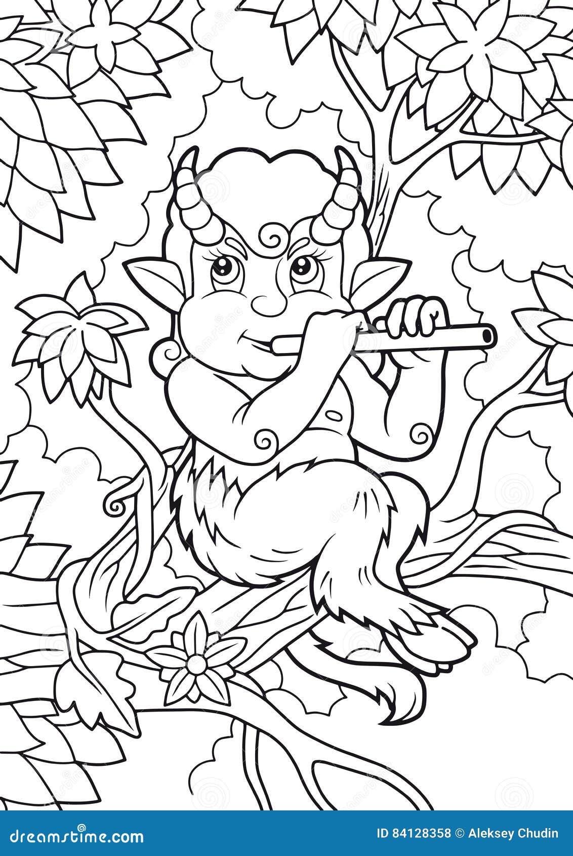 Satyr Playing A Flute While Sitting On A Branch Vector Illustration ...