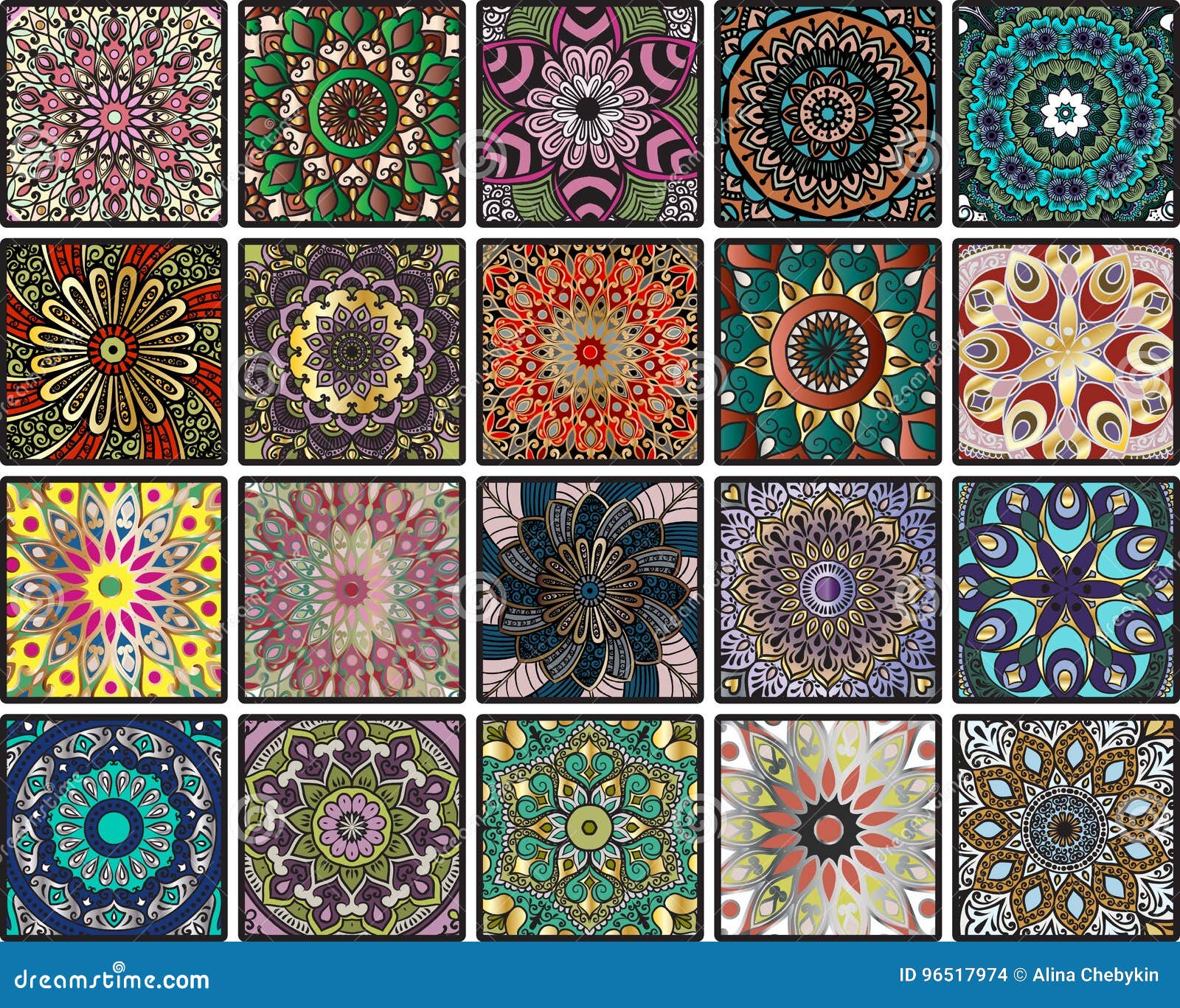 Satz Bunte Quadrate Mit Mandala Vektor Abbildung - Illustration von flickwerk, fliese: 96517974