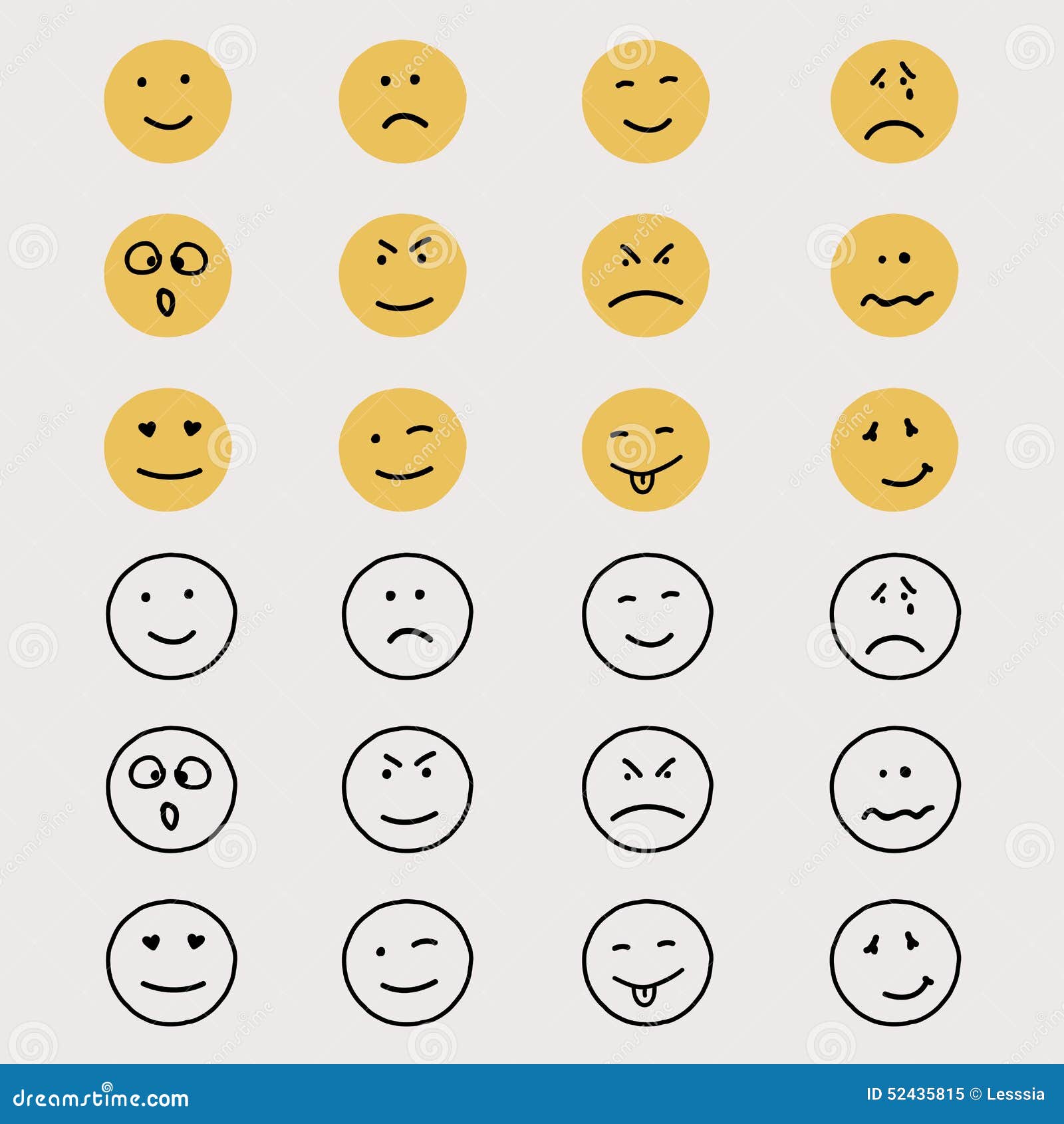 Satz Hand Gezeichnete Emoticons Oder Smiley Vektor Abbildung ...