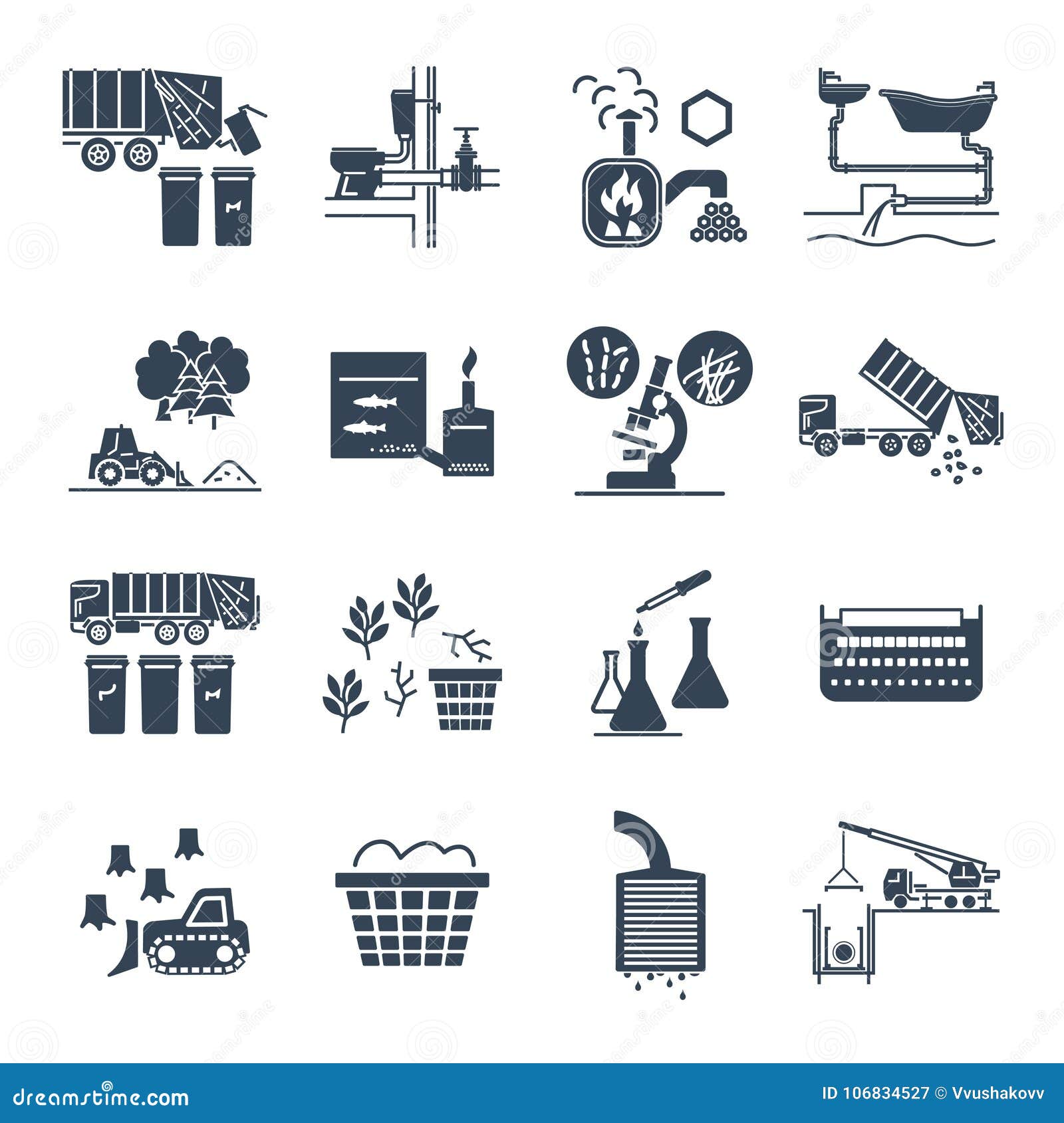 Satz Schwarze Ikonen Abfall, Abfall, Abfall, Abwasser, Kanalisation ...