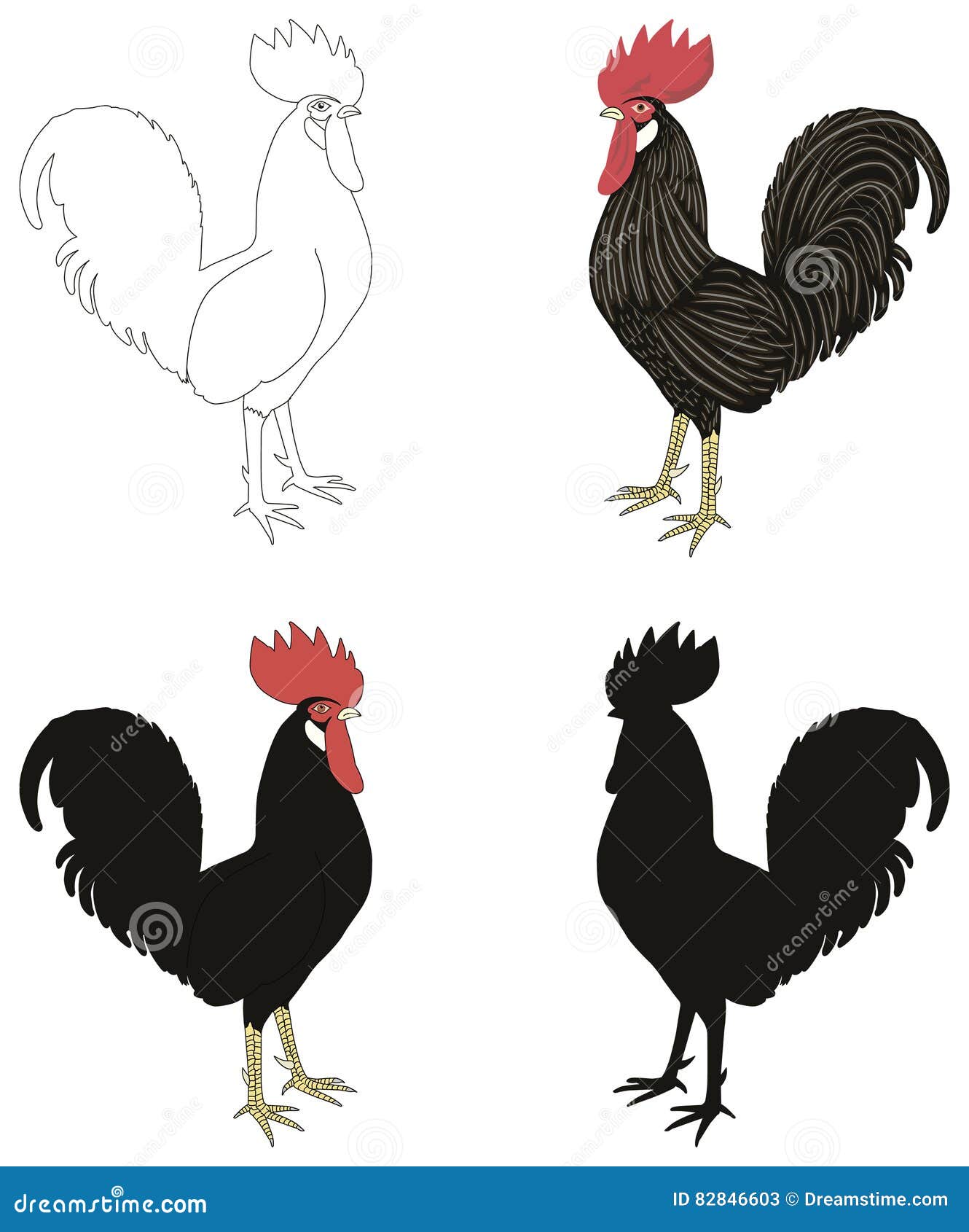 Satz verschiedene Hahnen vektor abbildung. Illustration von bunt - 82846603
