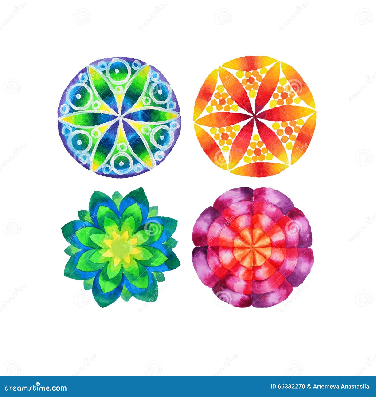 Satz Von Vier Verschiedenen Farbigen Mandalen Stock Abbildung ...