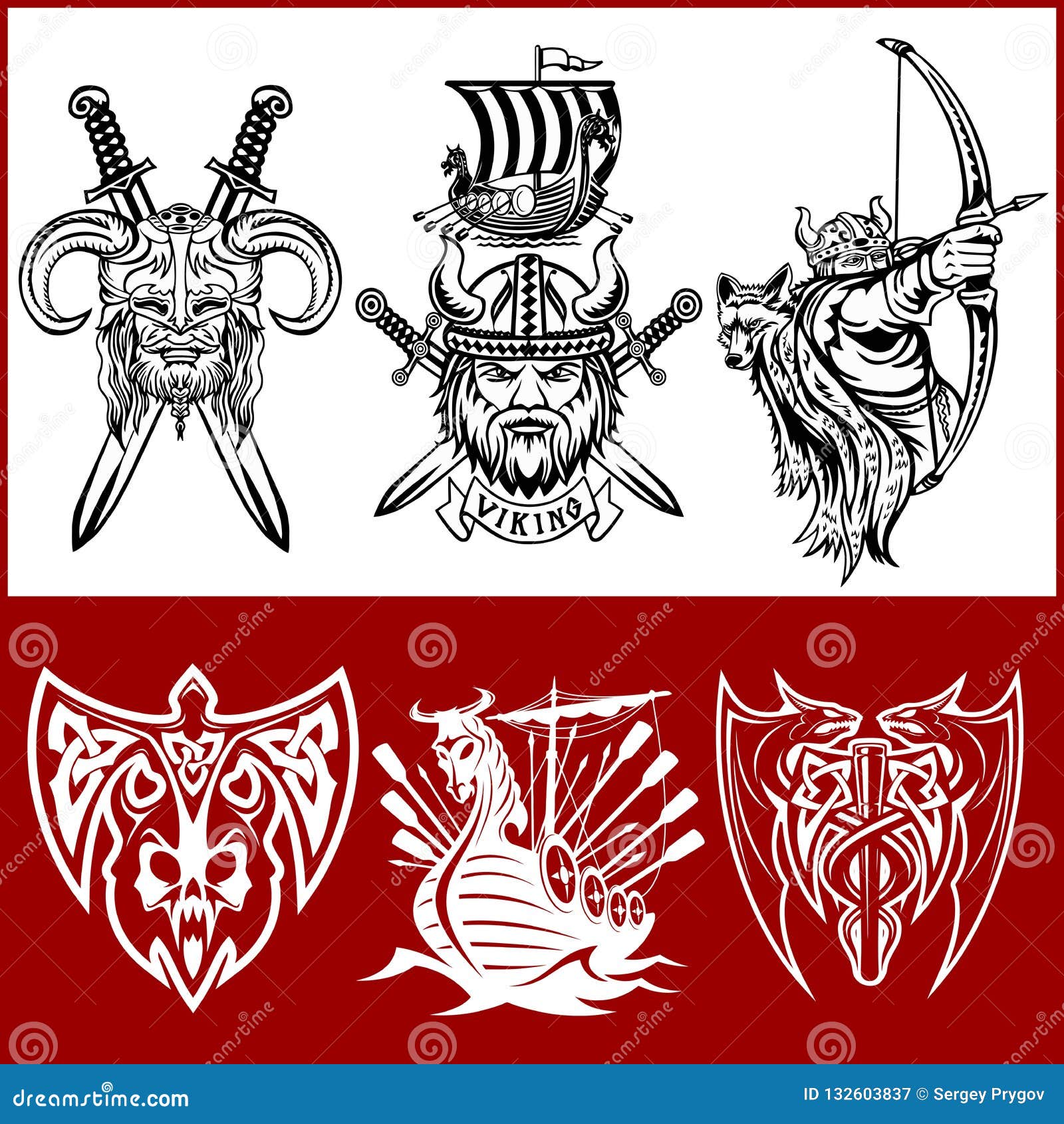 Satz Wikinger-Embleme, -aufkleber Und -logos Vektor Abbildung ...