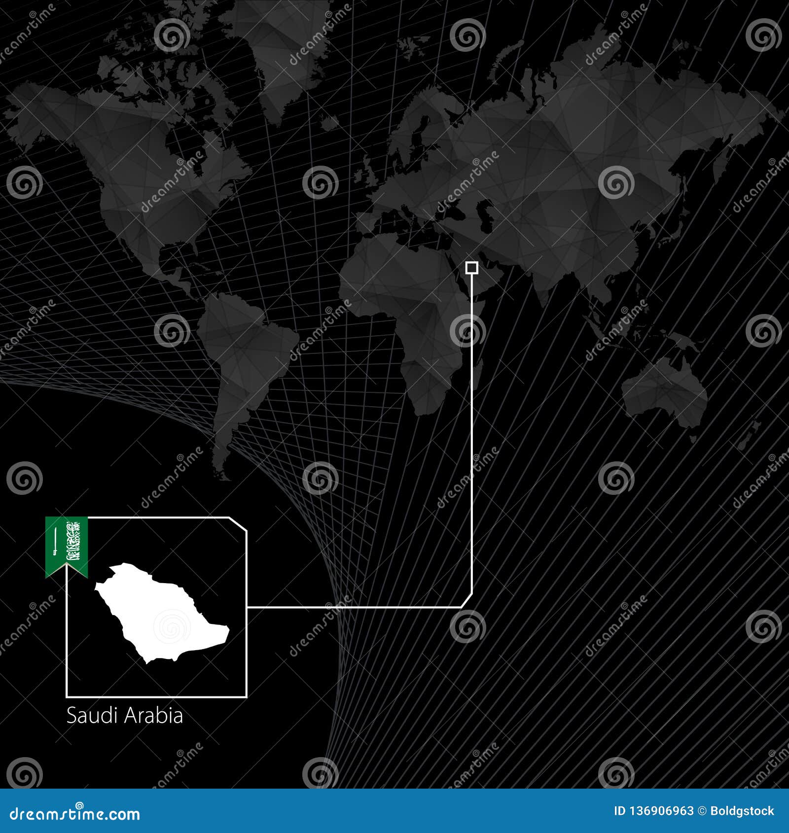 Saudi Arabia on Black World Map. Map and Flag of Saudi Arabia Stock ...