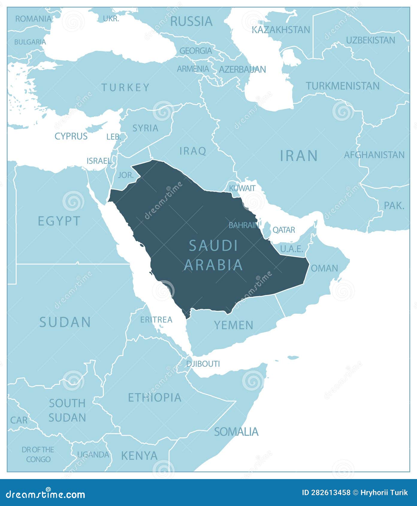 Saudi Arabia - Blue Map with Neighboring Countries and Names Stock ...