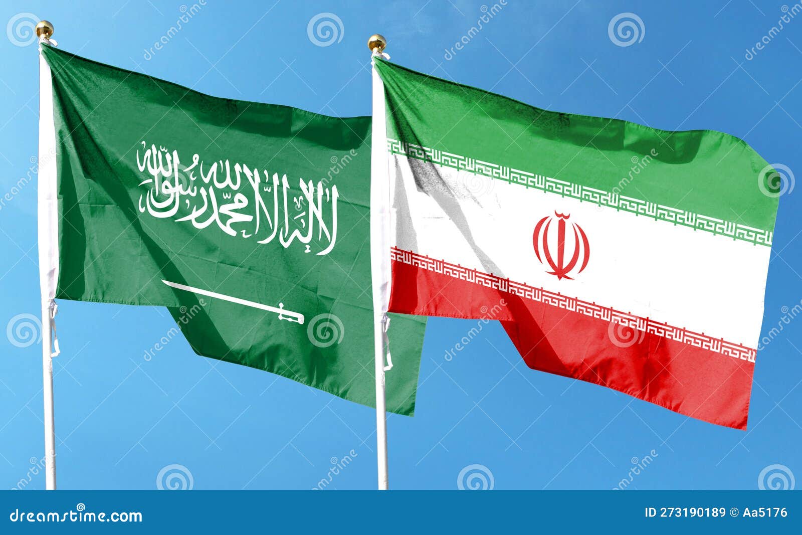 Saudi Arabia Flag and Iran Flag on Cloudy Sky. Waving in the Sky Stock ...